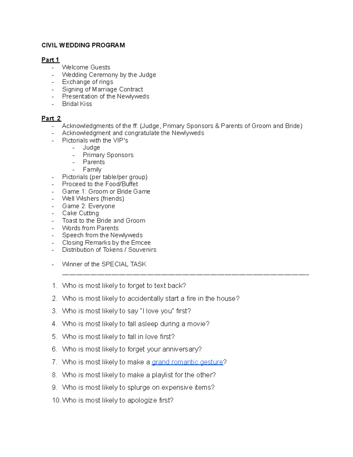 Civil Wedding Program - N/A - CIVIL WEDDING PROGRAM Part 1 - Welcome ...