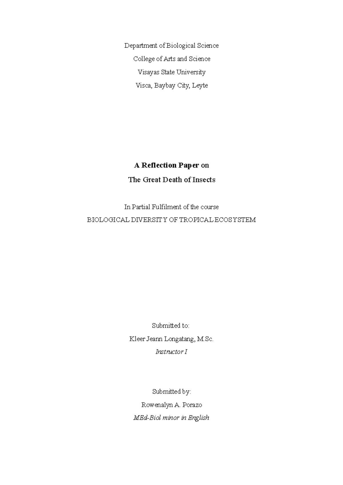 Refelction Paper on "The Great Death of Insect" - Department of ...