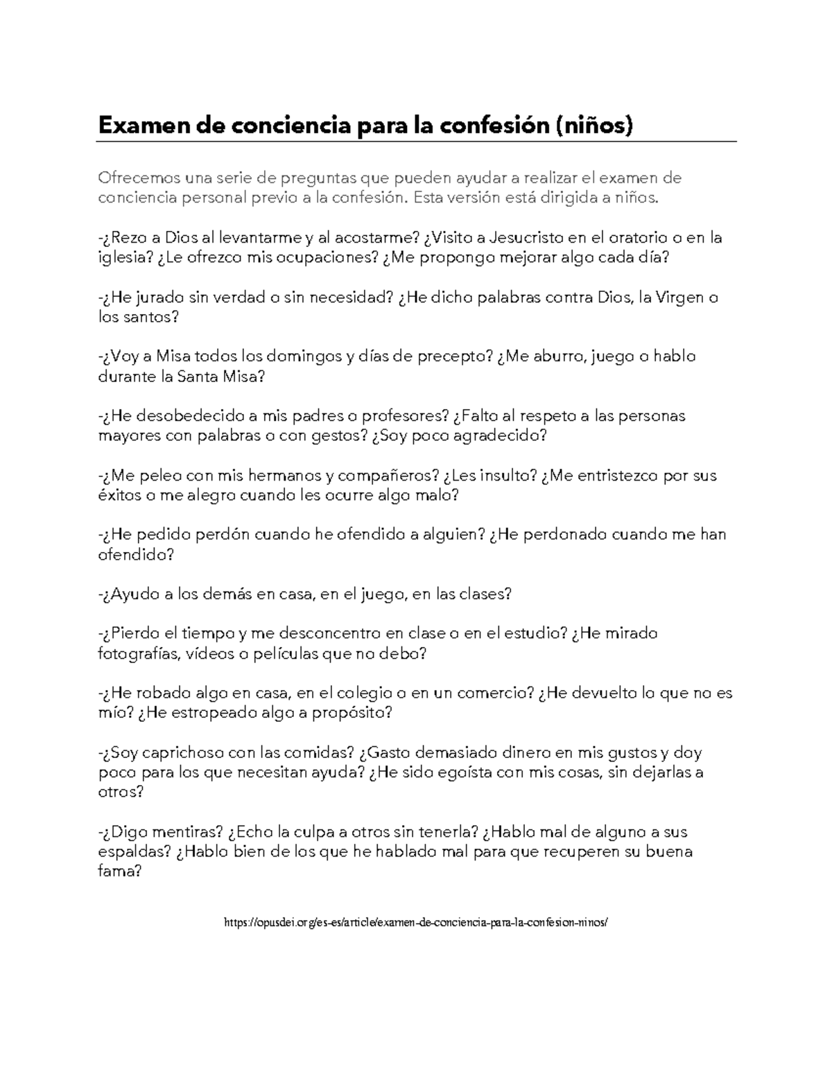 Examen de conciencia para la confesión (Niños) - Examen de conciencia para la confesión (niños ...