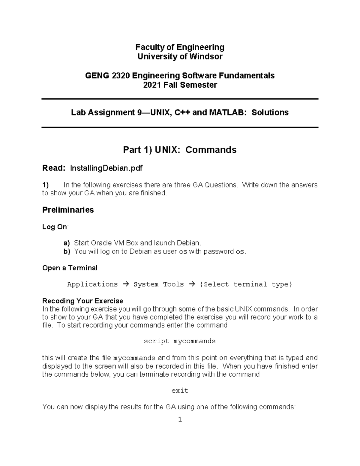 Lab Assignment 09 Solutions - Faculty of Engineering University of Windsor GENG 2320 Engineering ...
