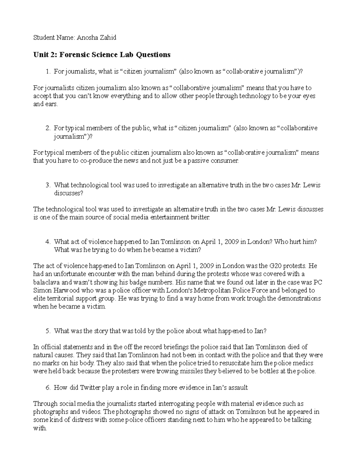 Unit 2 Forensic Science Lab Questions - Student Name: Anosha Zahid Unit ...