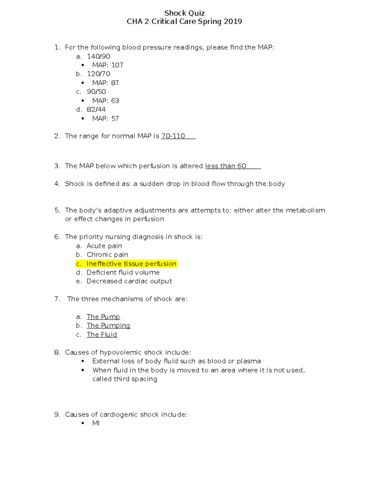 Shock in class quiz - Shock Quiz CHA 2 Critical Care Spring 2019 For ...