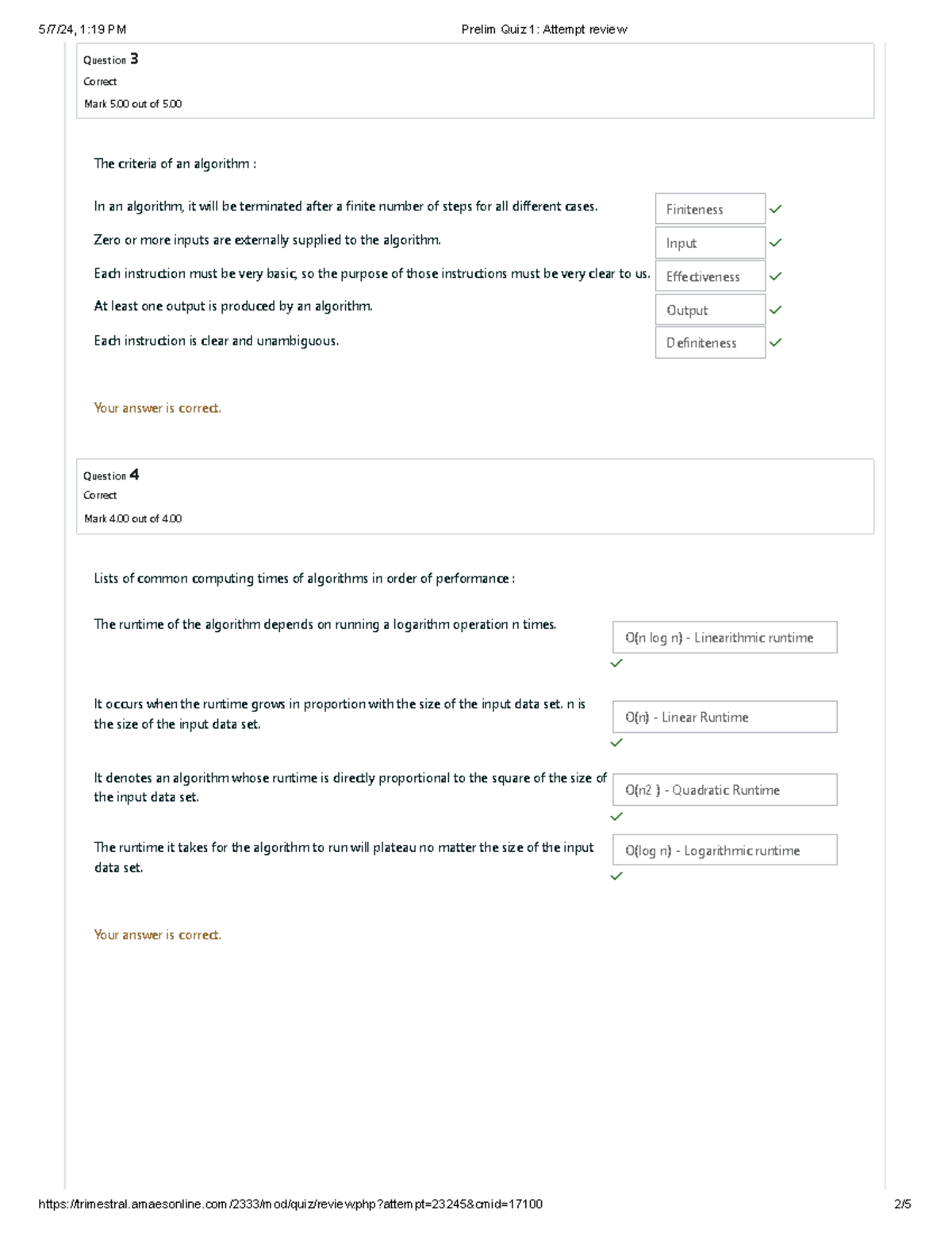 Algo Prelim Quiz 1 Attempt reviewer -2-5 - Question 3 Correct Mark 5 ...