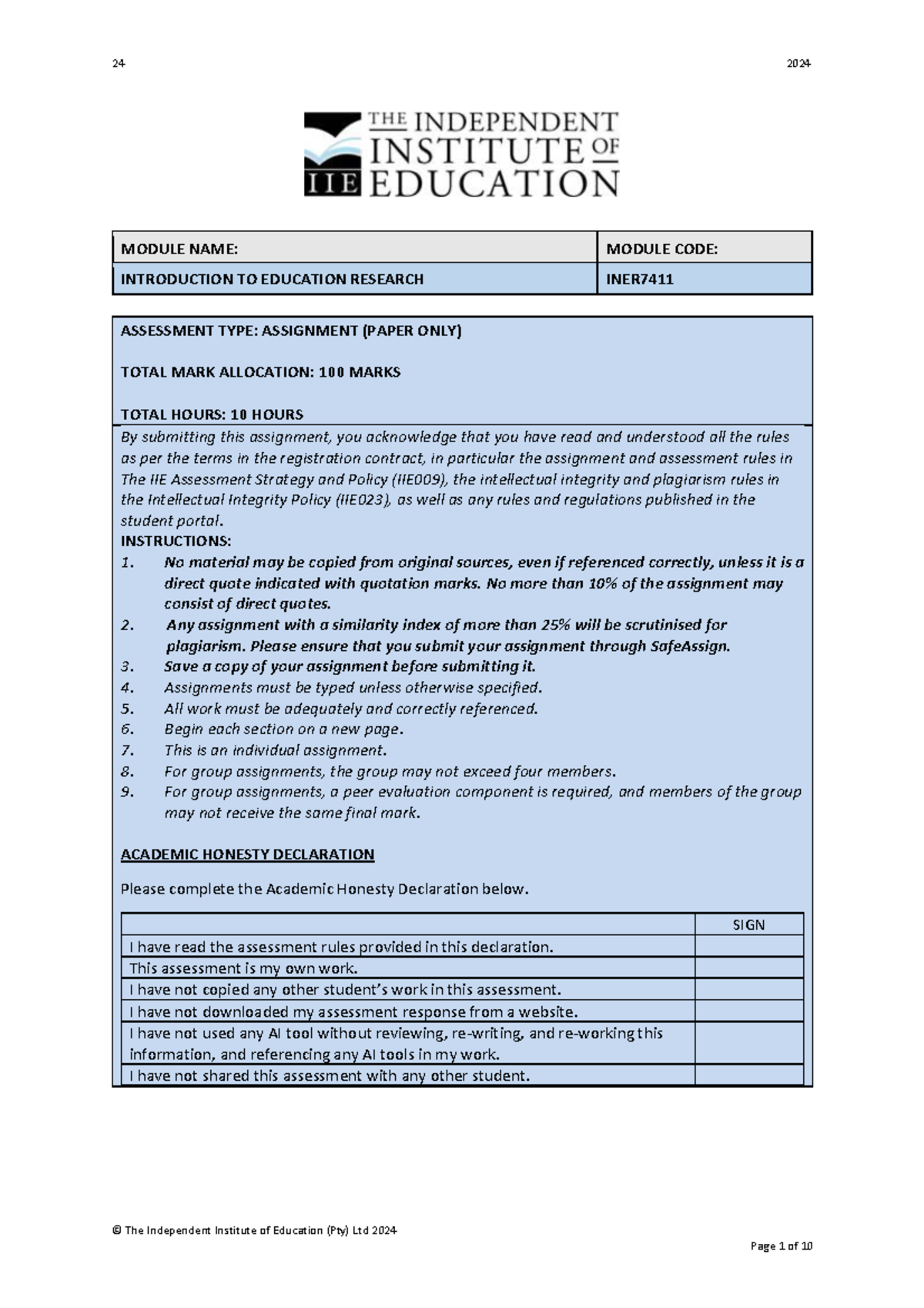 INER7411 A1 - © The Independent Institute of Education (Pty) Ltd 20 24 MODULE NAME: MODULE CODE ...