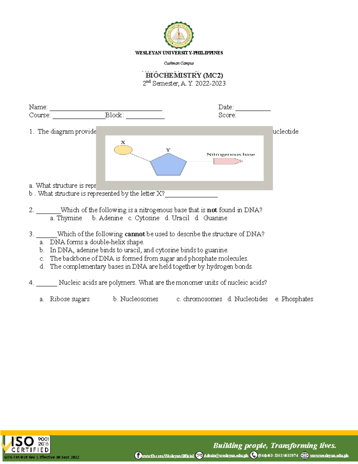 MC2- Module-5- Nucleic- Acids - EXIT Activity - BIOCHEMISTRY (MC2) 2 nd ...
