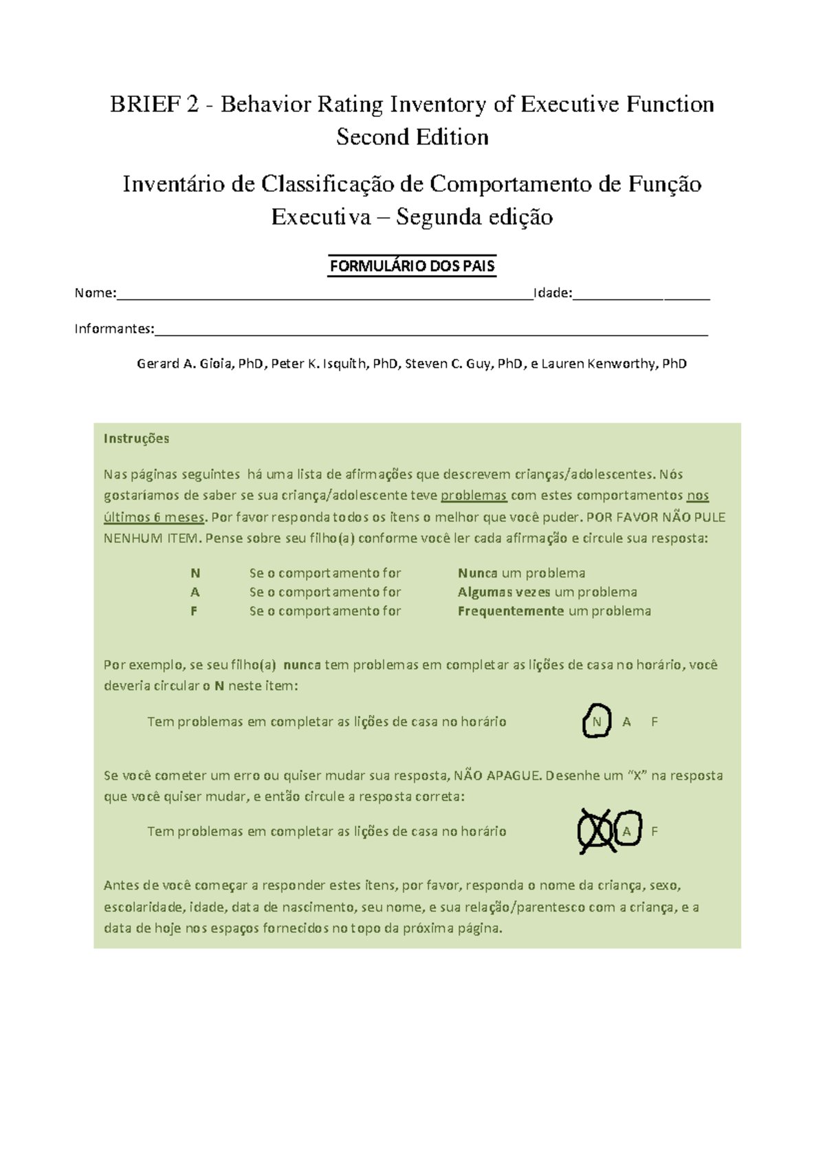 Brief 2 - BRIEF 2 - Behavior Rating Inventory of Executive Function Second Edition Inventário de ...