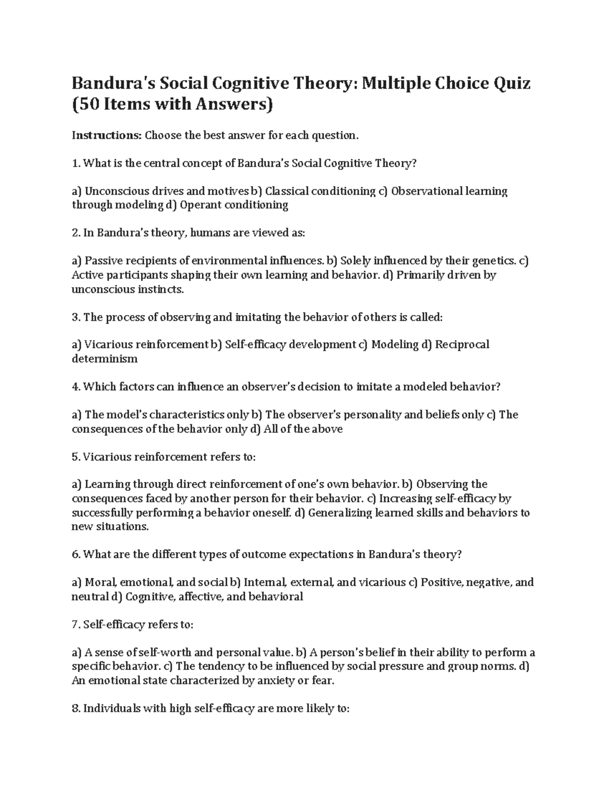 Bandura Questions - Bandura's Social Cognitive Theory: Multiple Choice ...