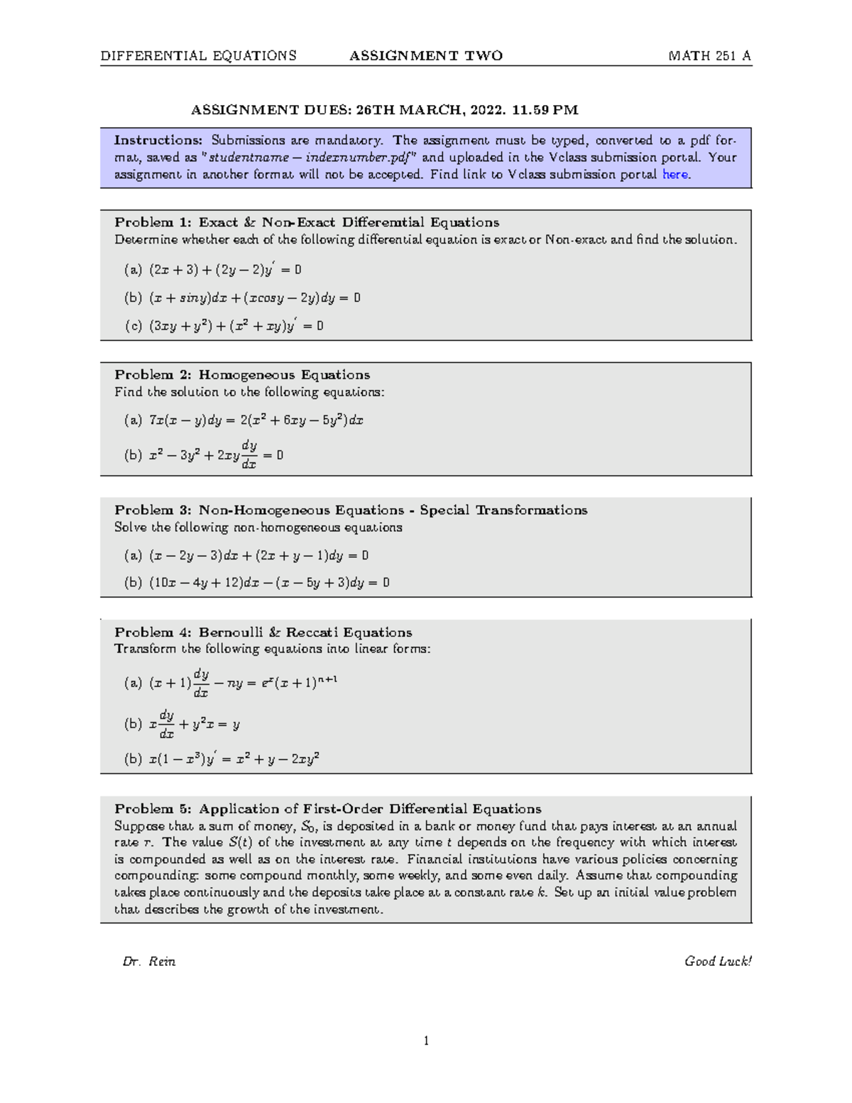 Assignments - DIFFERENTIAL EQUATIONS ASSIGNMENT TWO MATH 251 A ...