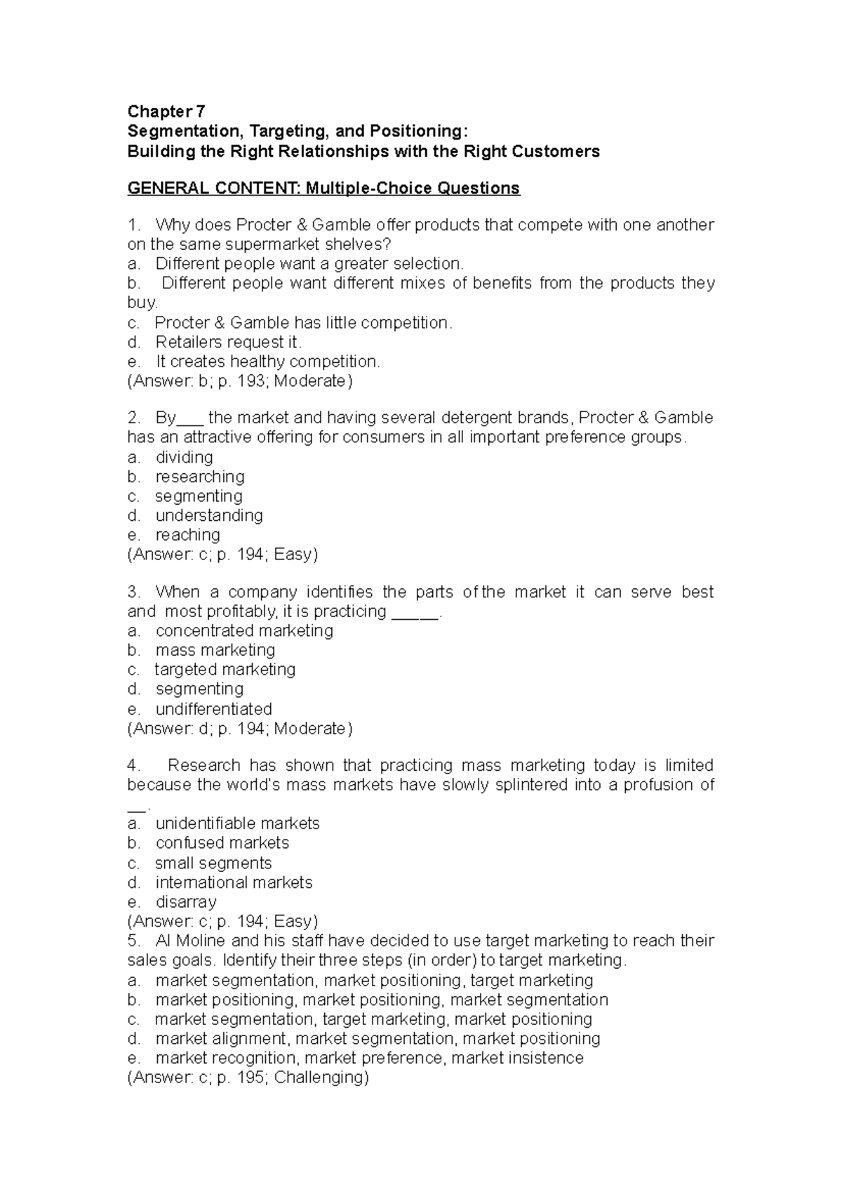 Charpter 7 - Some exercises - Chapter 7 Segmentation, Targeting, and ...