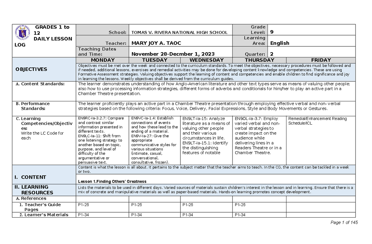English 9 1ST TO 4TH Quarter - GRADES 1 to 12 DAILY LESSON LOG School ...