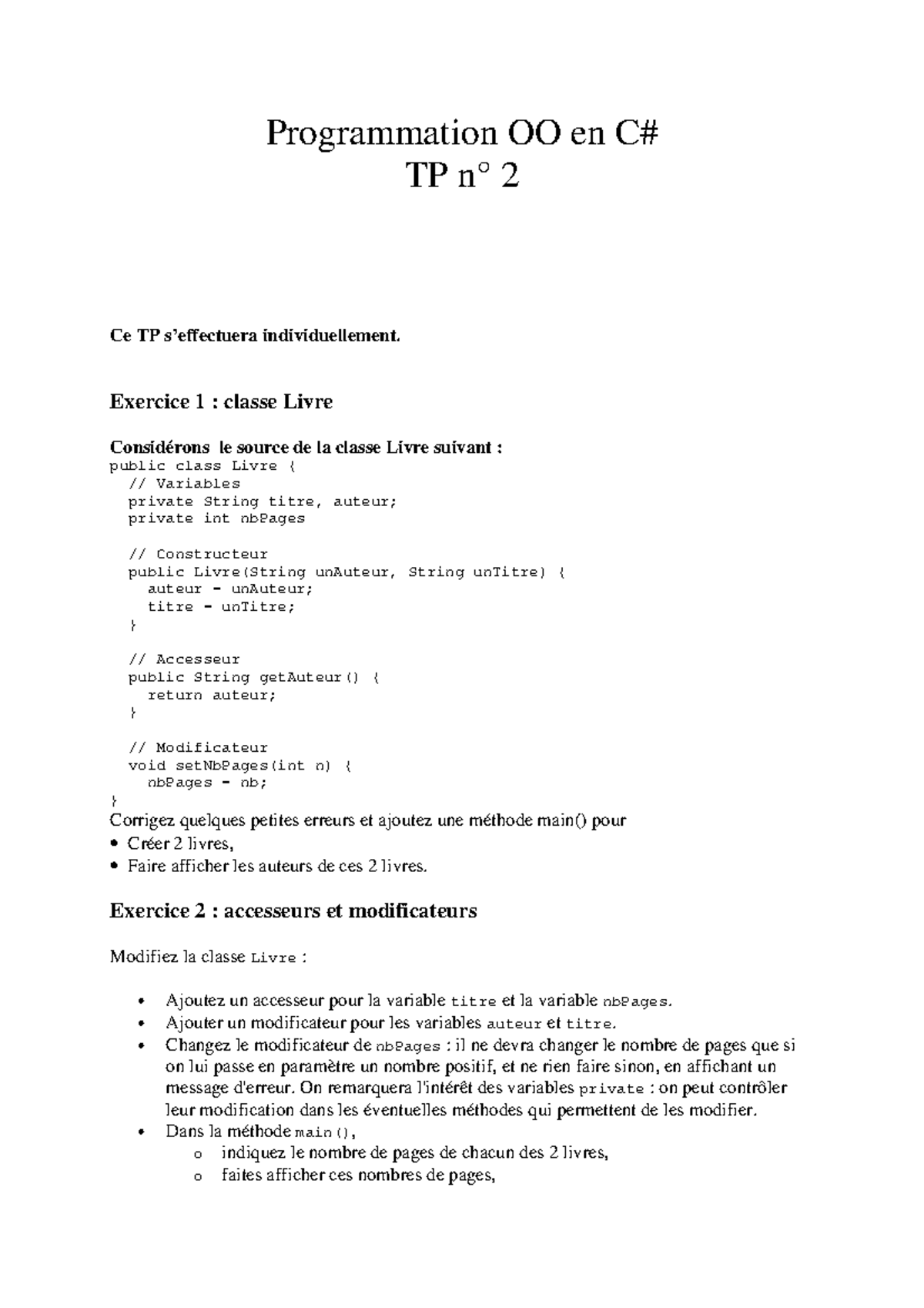 Tp-2 - livre - Leidraad voor Juridische Auteurs - Programmation OO en C# TP n° 2 Ce TP s ...