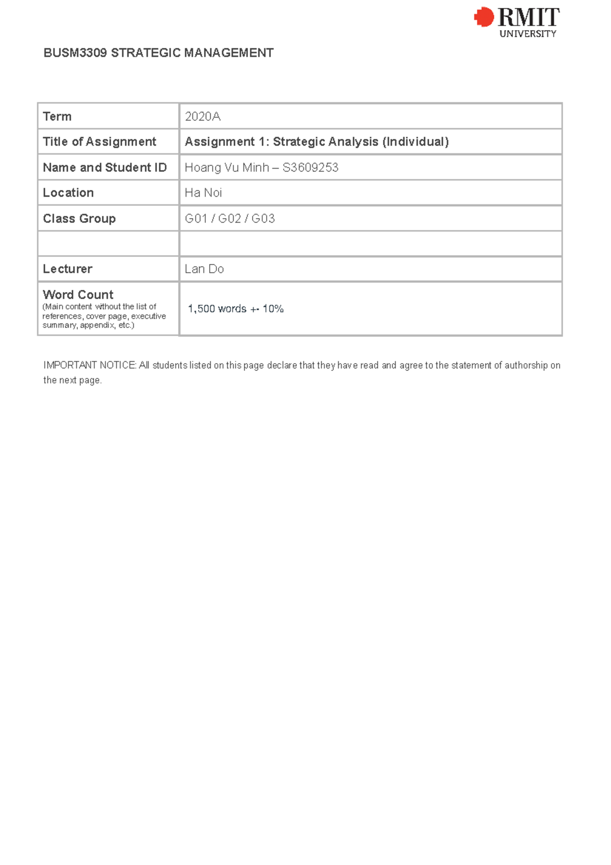 ASM 1 HD individual report - BUSM3309 STRATEGIC MANAGEMENT Term 2020A ...