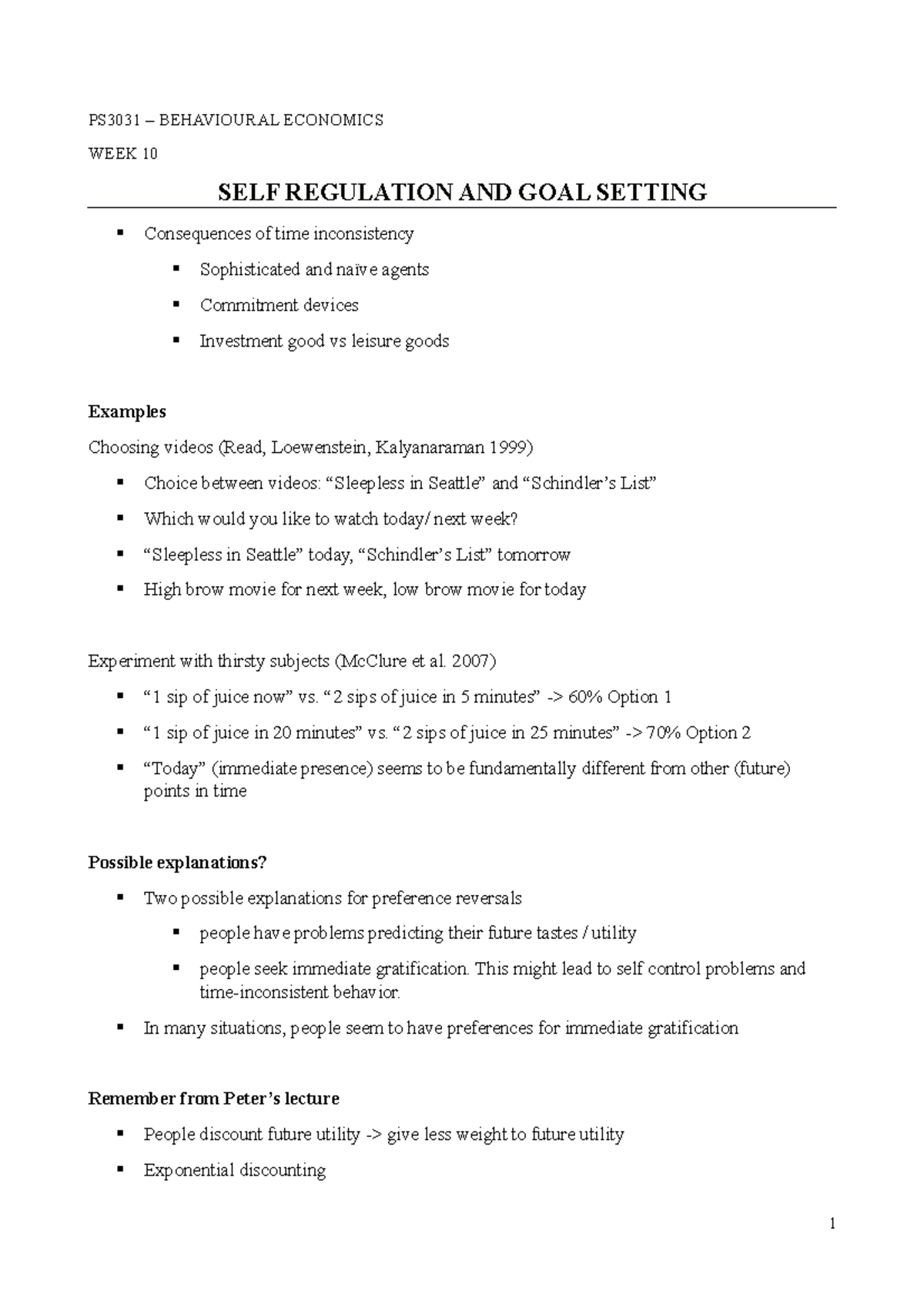 Self Regulation And Goal Setting Ps3031 Behavioural Economics Week