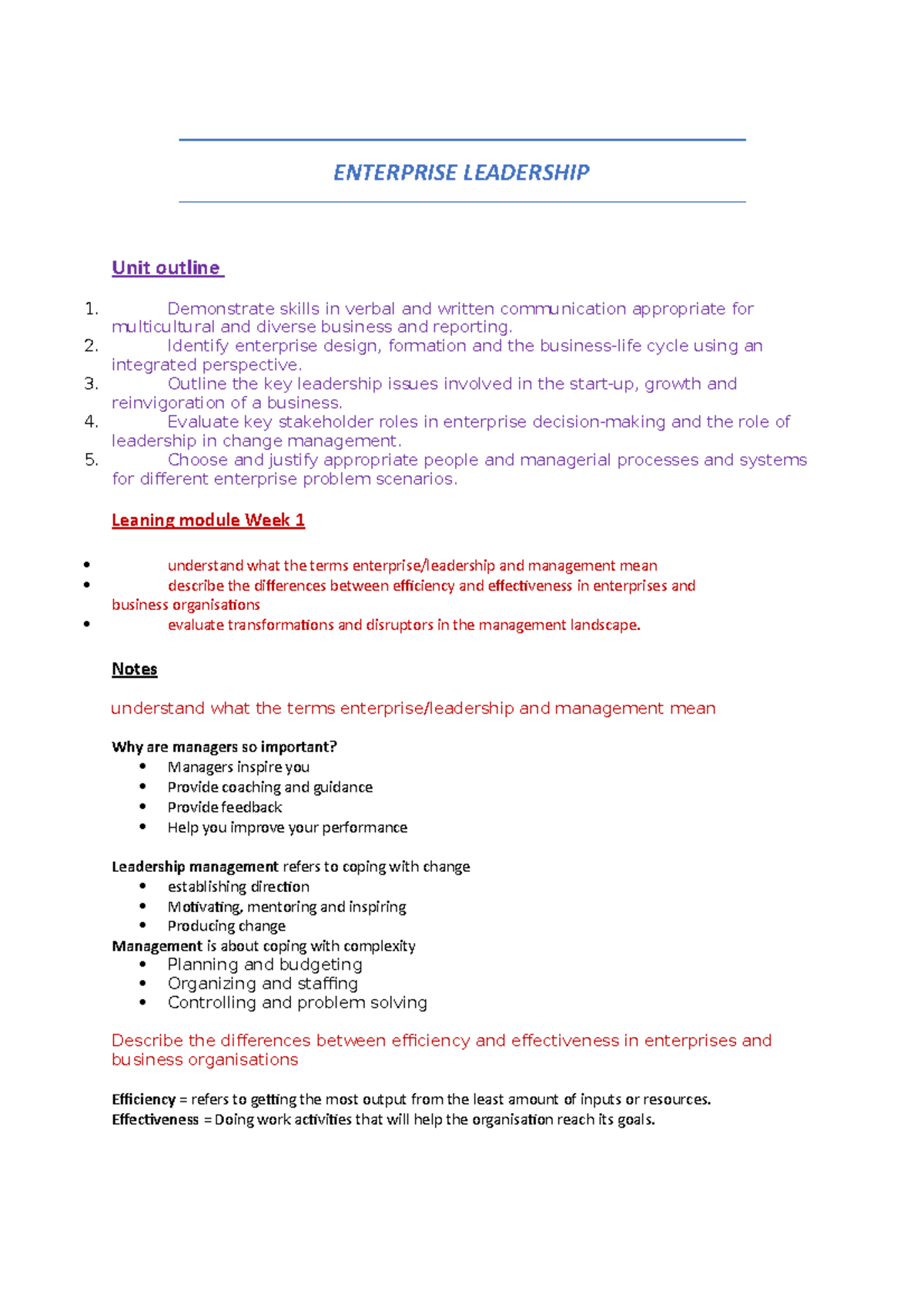 Enterprise Leadership Notes - ENTERPRISE LEADERSHIP Unit outline ...