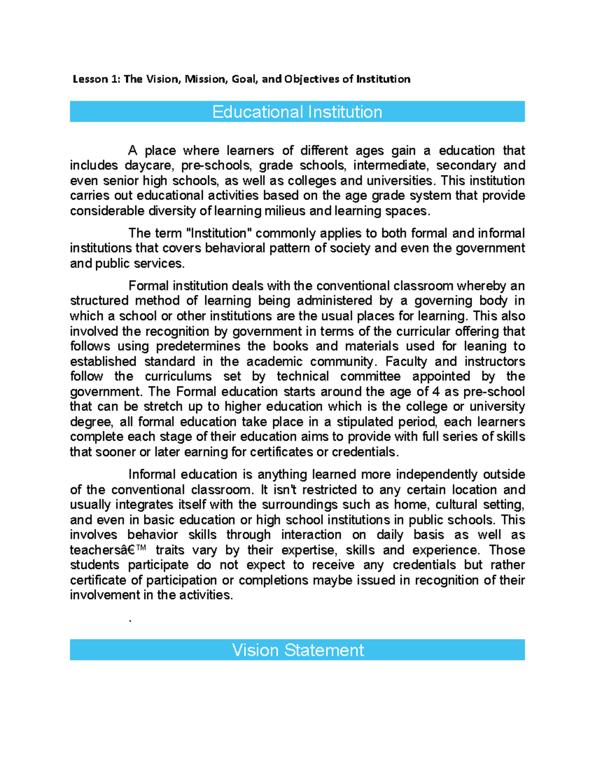 HIS System - Lesson 1: The Vision, Mission, Goal, and Objectives of ...