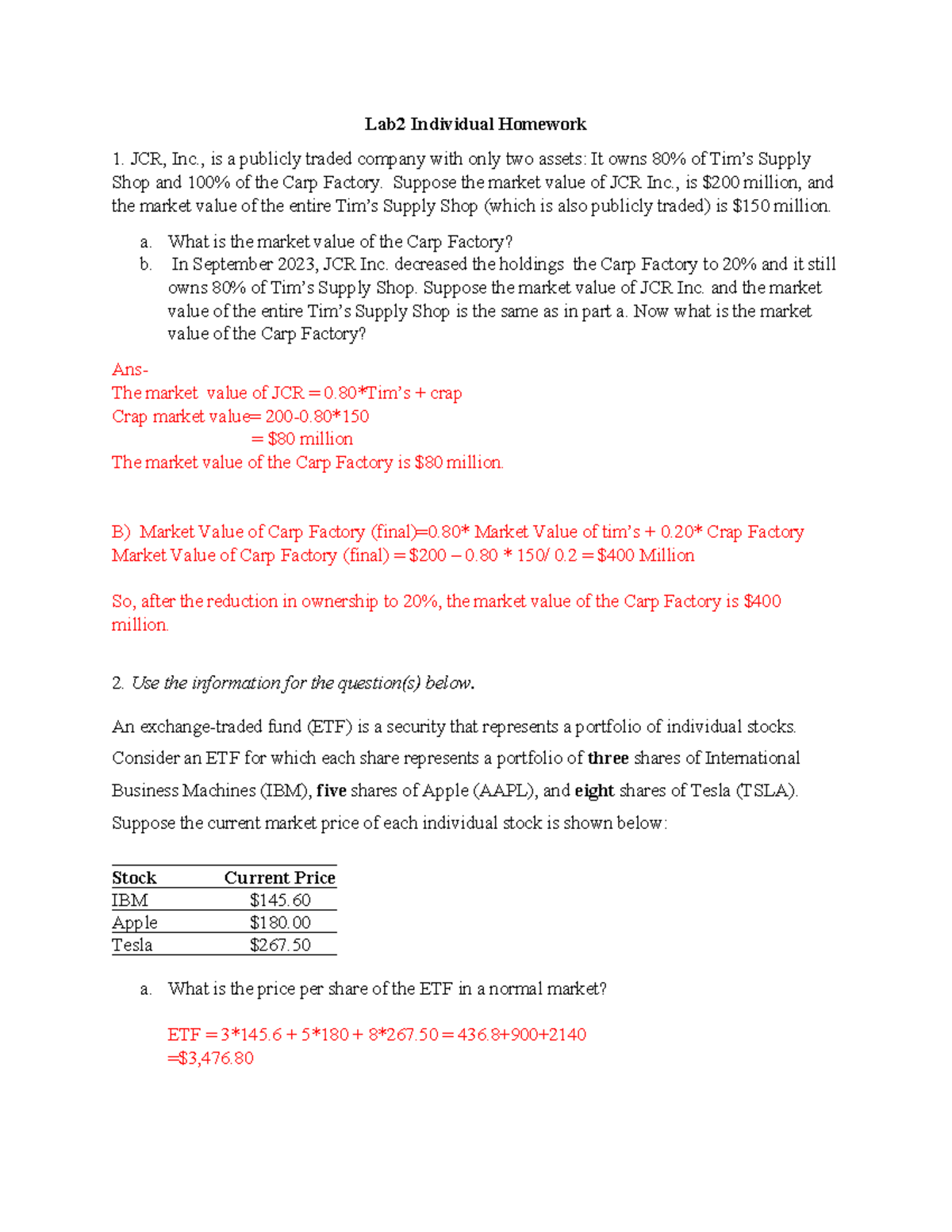 Lab2 Individual Homework - Lab2 Individual Homework JCR, Inc., is a publicly traded company with ...