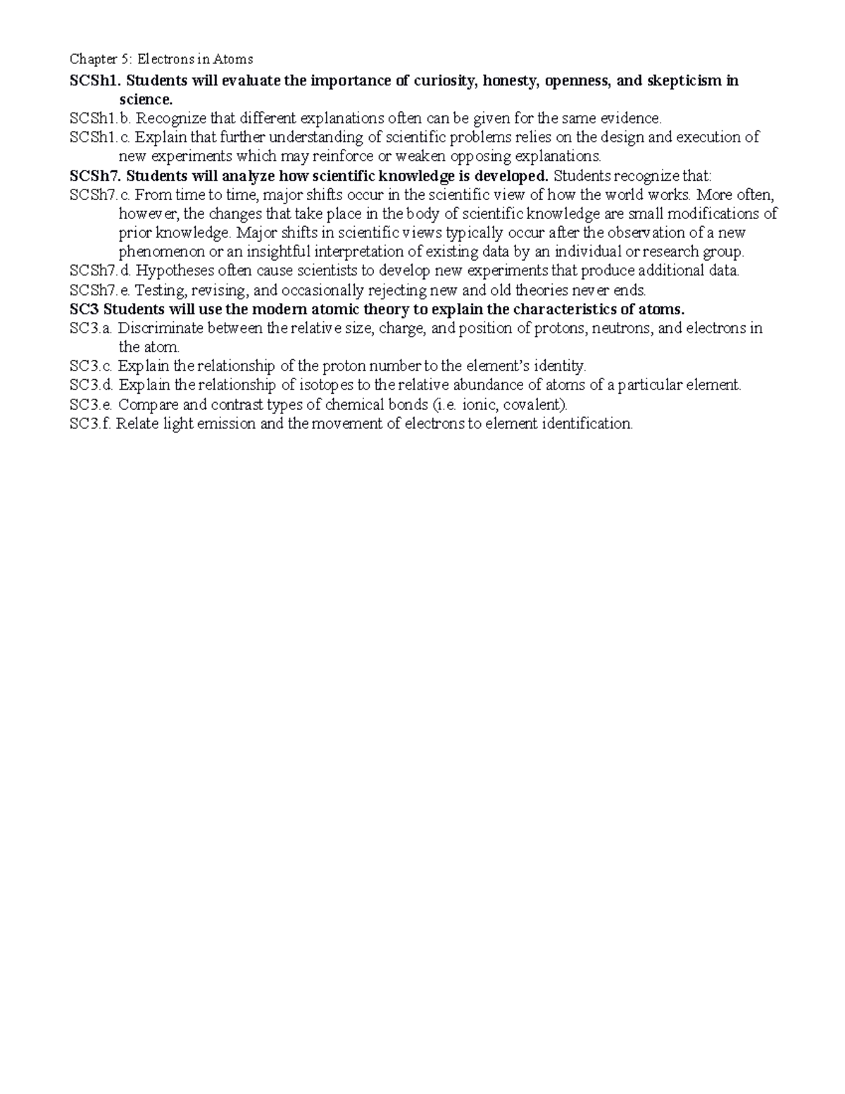 Chapter 5 - Atoms - Chapter 5: Electrons in Atoms SCSh1. Students will ...