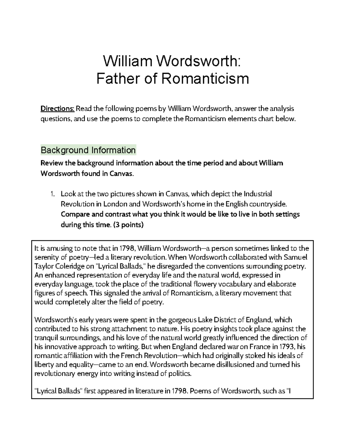 Copy of William Wordsworth Analyis Activity - William Wordsworth ...