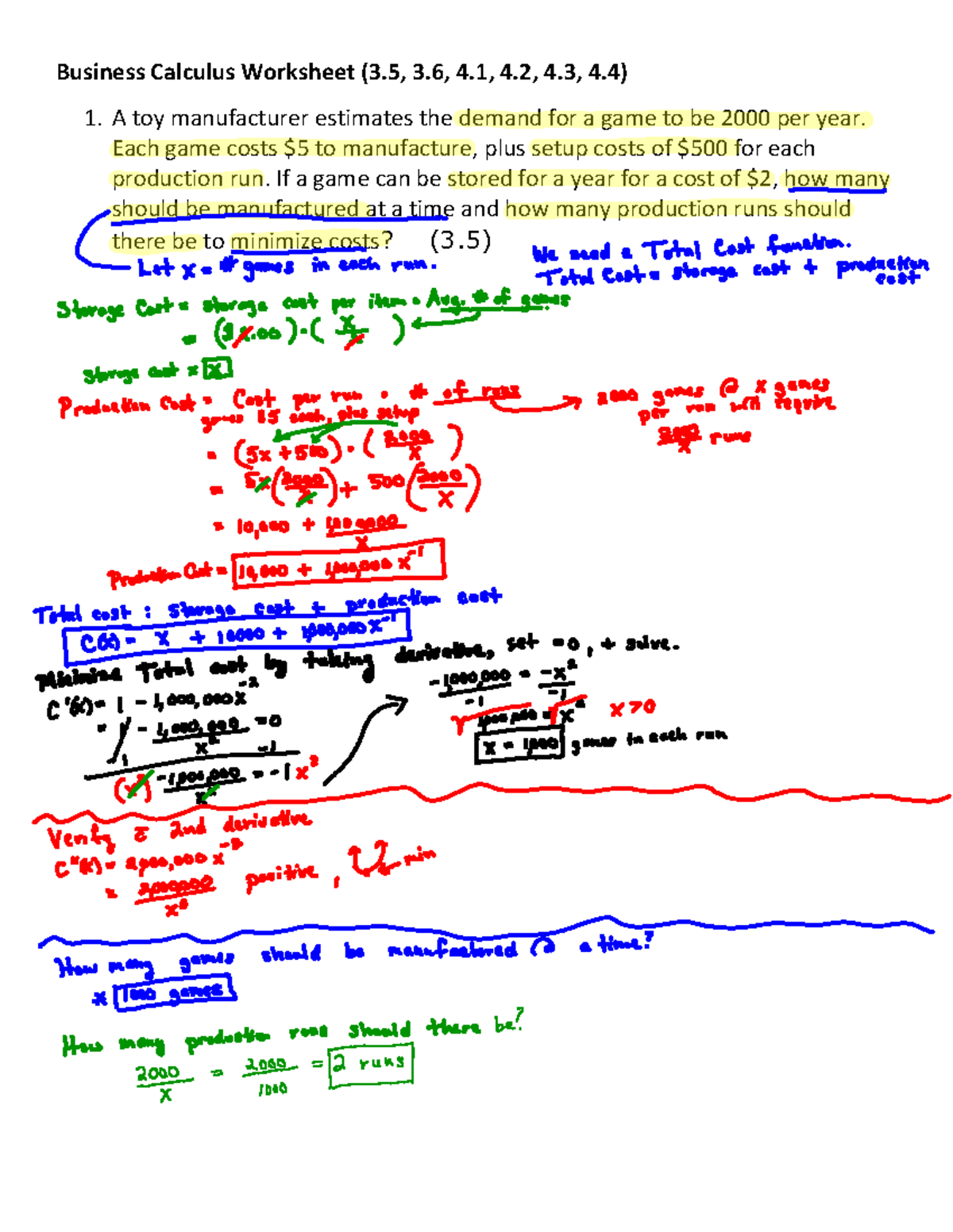 BC Worksheet - Exam 3 material - Completed - Business Calculus ...