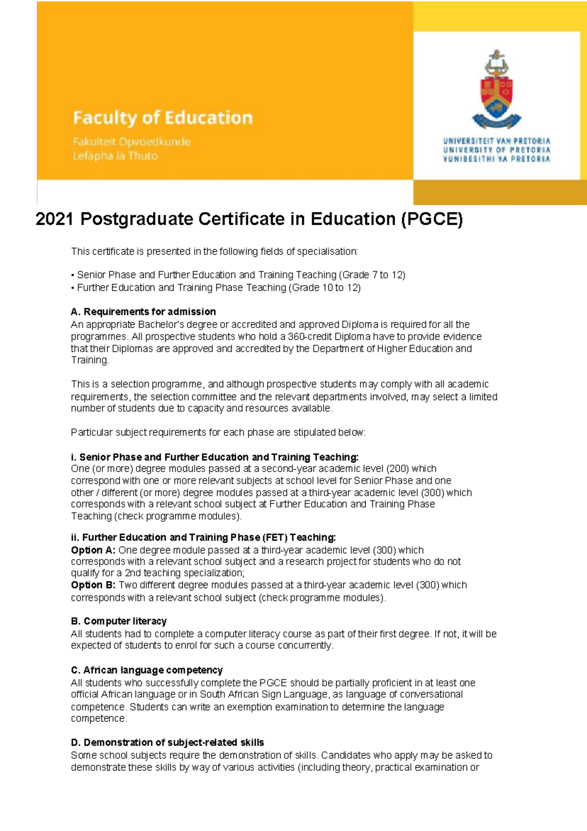 2021 pgce programme - FAC - 2021 Postgraduate Certificate in Education ...