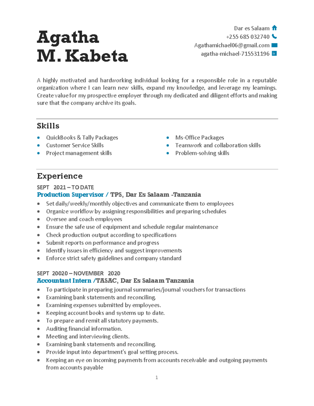 Agatha Michael Kabeta 2 - Agatha M. Kabeta Dar es Salaam +255 685 ...