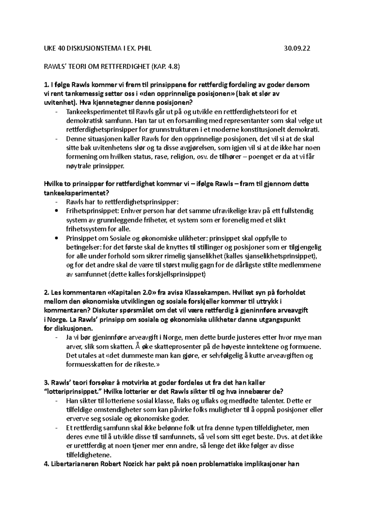 Ex. Phil kap. 4.8 - UKE 40 DISKUSJONSTEMA I EX. PHIL 30. RAWLS’ TEORI OM RETTFERDIGHET (KAP. 4 ...