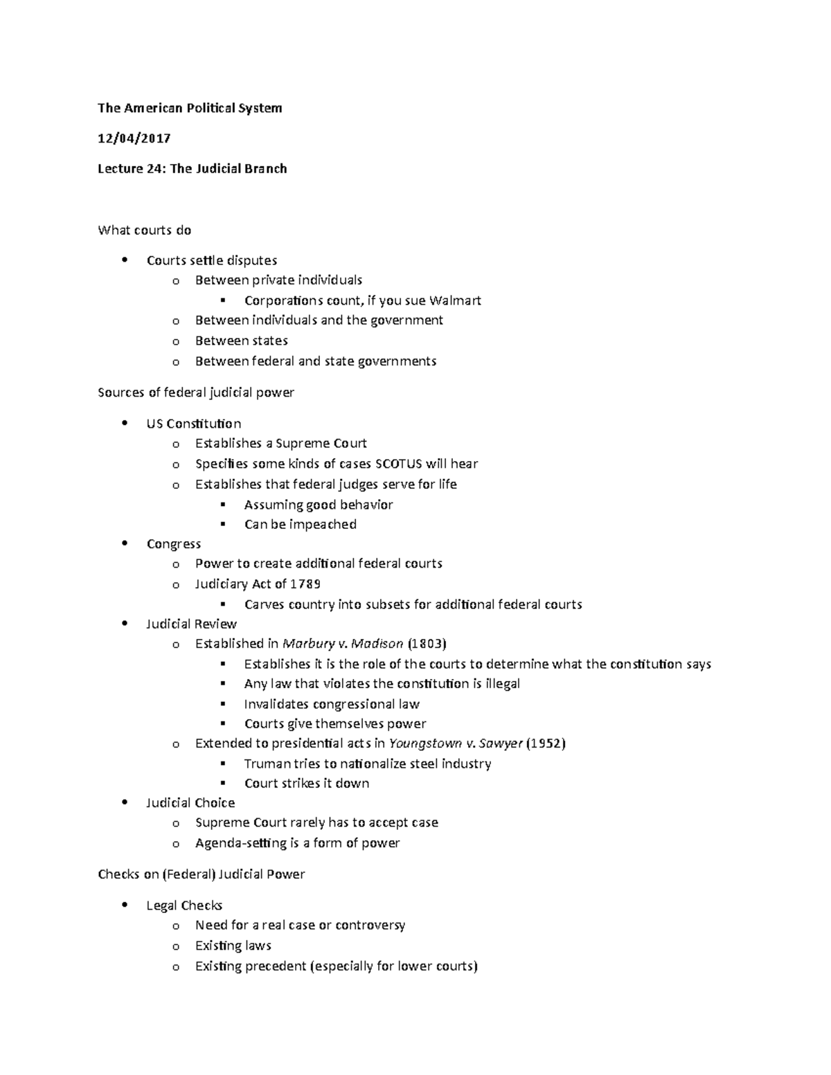 Lecture 24 The Judicial Branch - The American Political System 12/04 ...