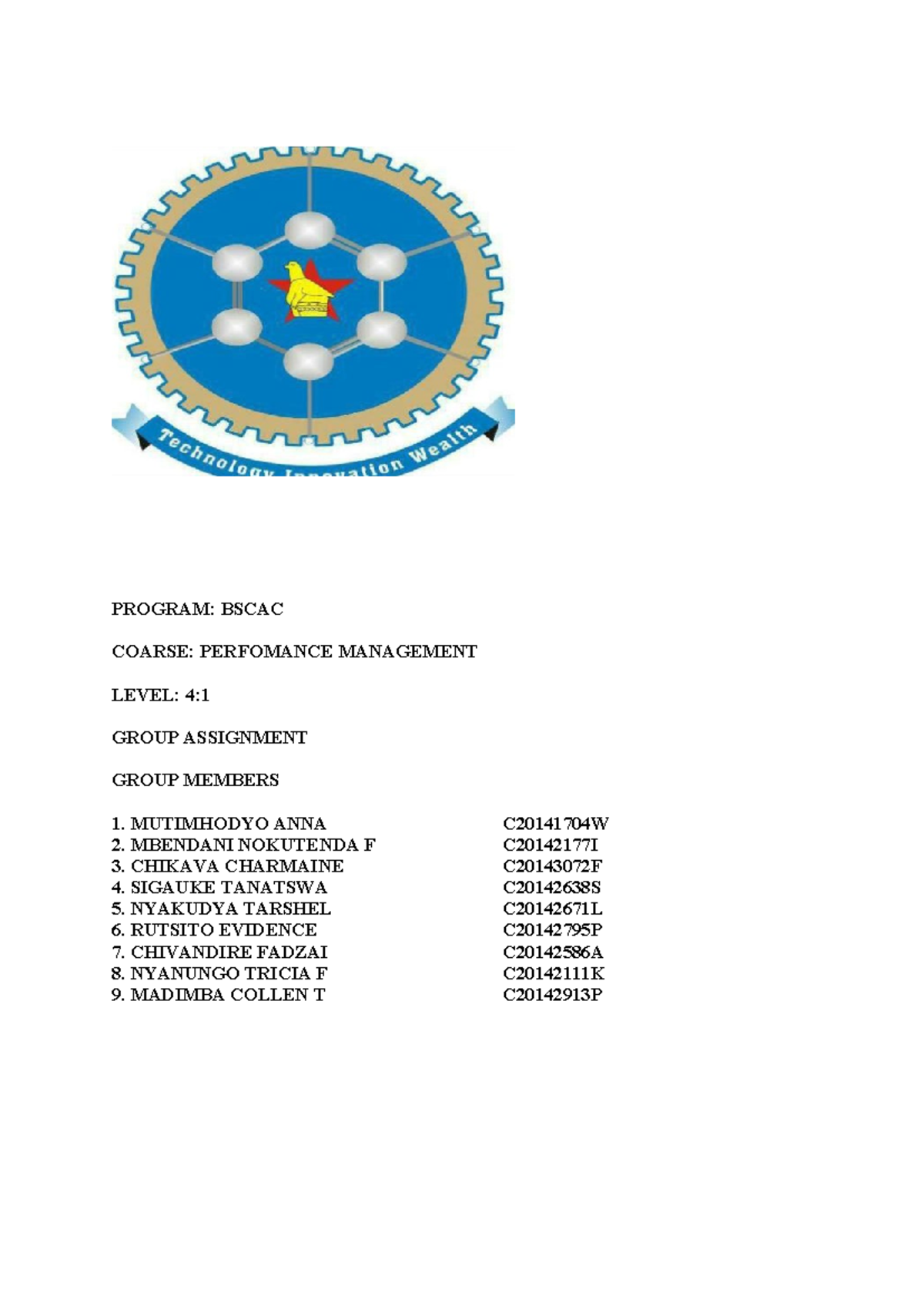 Perfomance group assignment - PROGRAM: BSCAC COARSE: PERFOMANCE ...