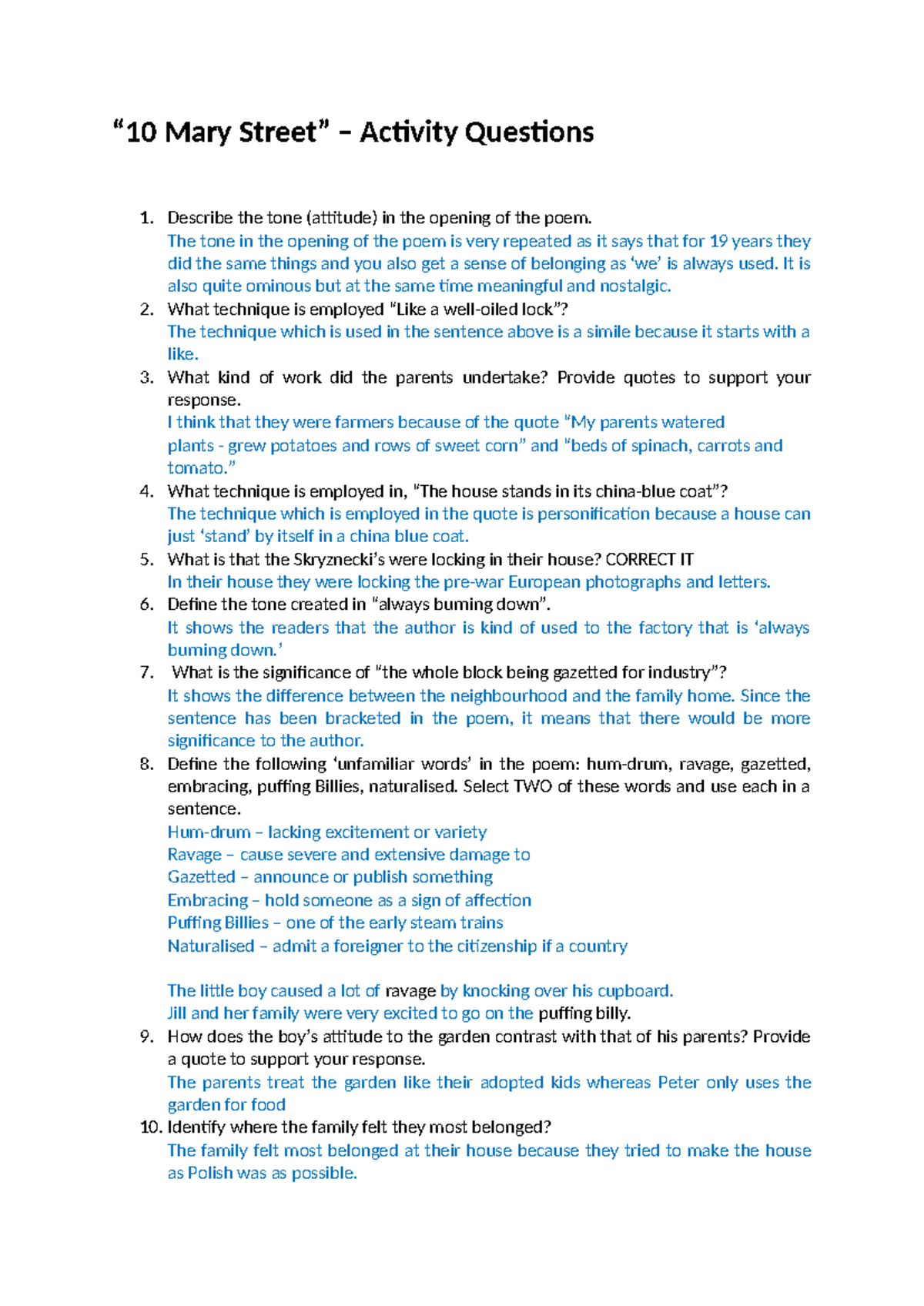 10 Mary Street questions - “10 Mary Street” – Activity Questions ...