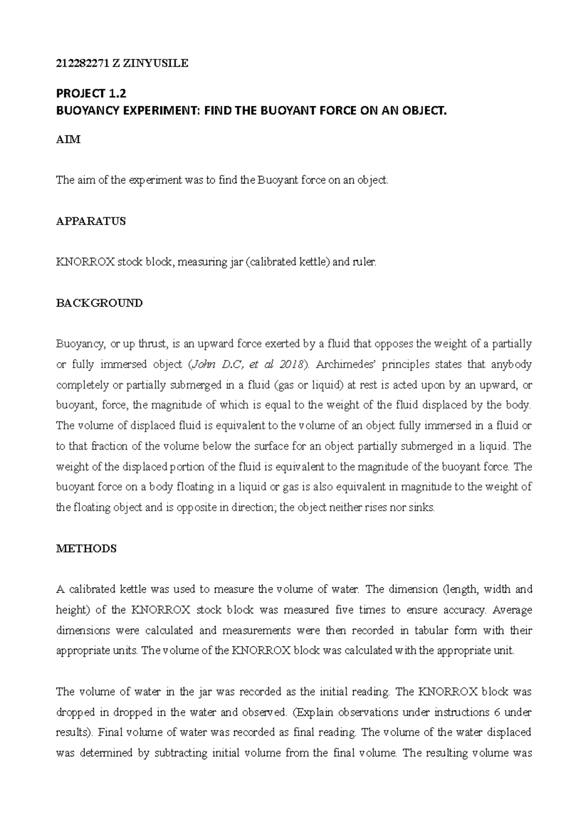 Buoyant 1 Physical Science - PROJECT 1. BUOYANCY EXPERIMENT: FIND THE ...