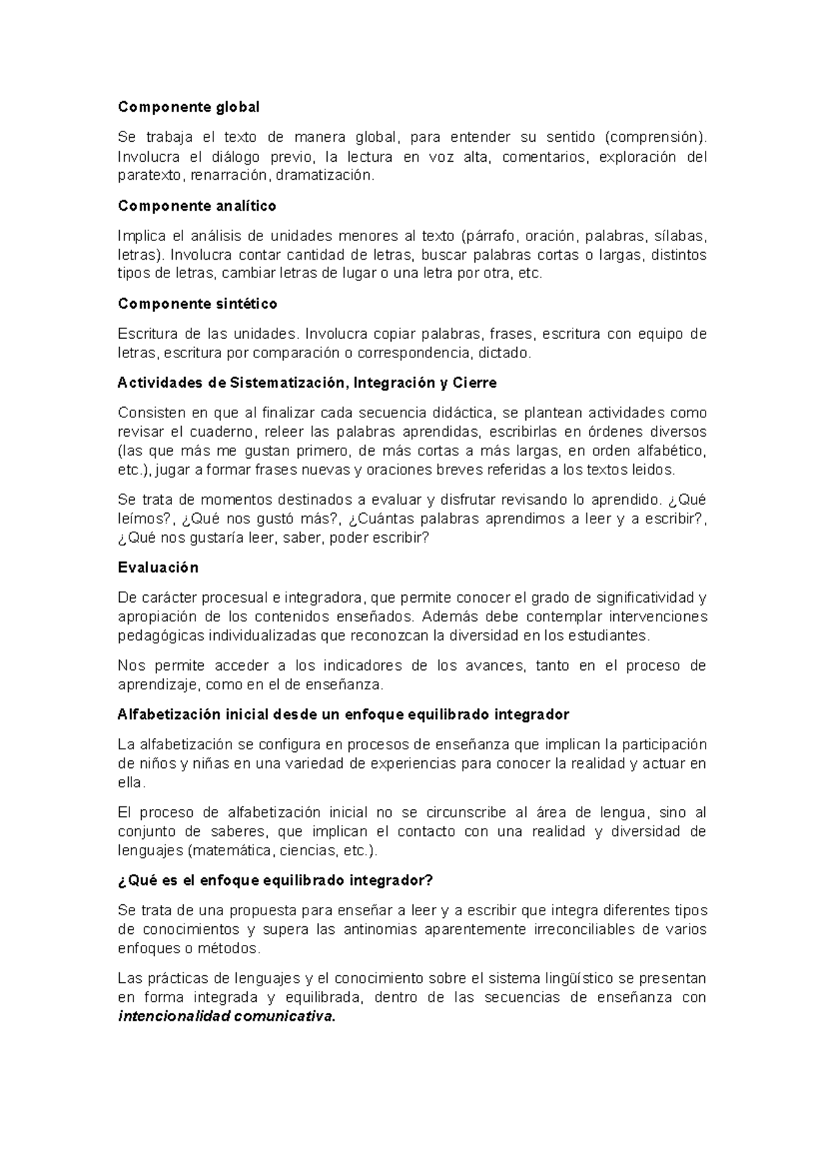 Enfoque equilibrado integrador - Componente global Se trabaja el texto ...