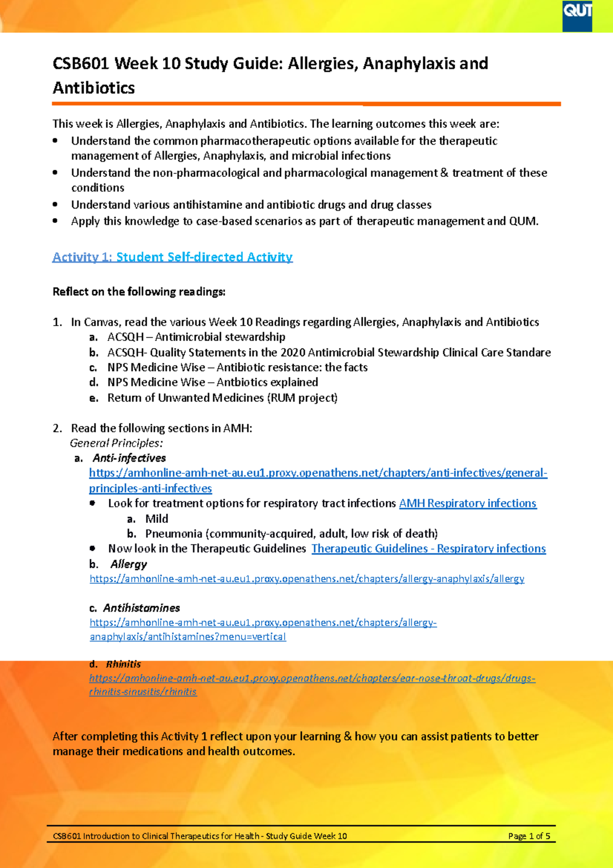 CSB601 Study Guide Week 10 Antibiotics Allergies Anaphylaxis 2023s2-1 - CSB601 Week 10 Study ...