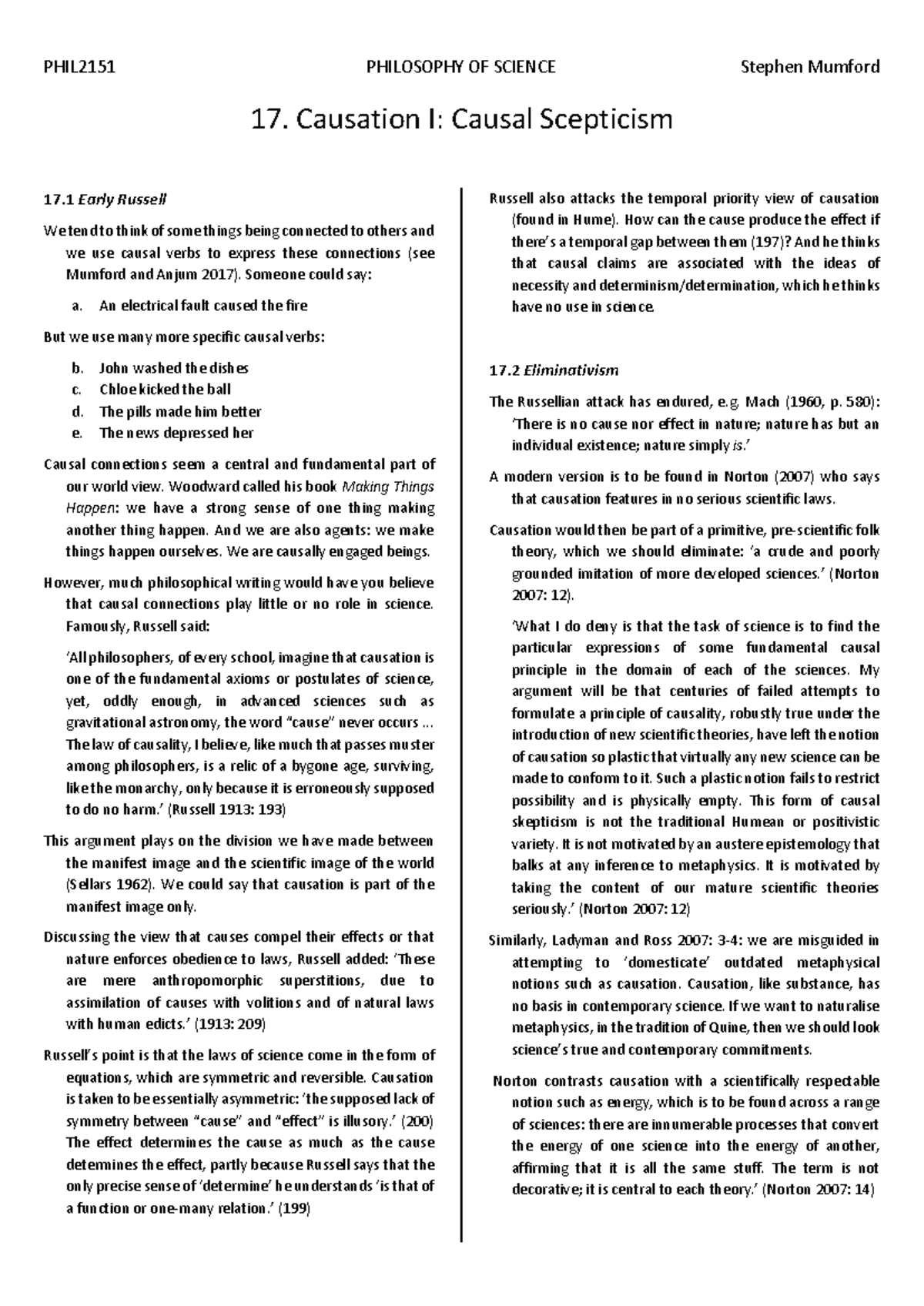 17 Causation I - PHIL 2151 PHILOSOPHY OF SCIENCE Stephen Mumford 17. Causation I: Causal ...