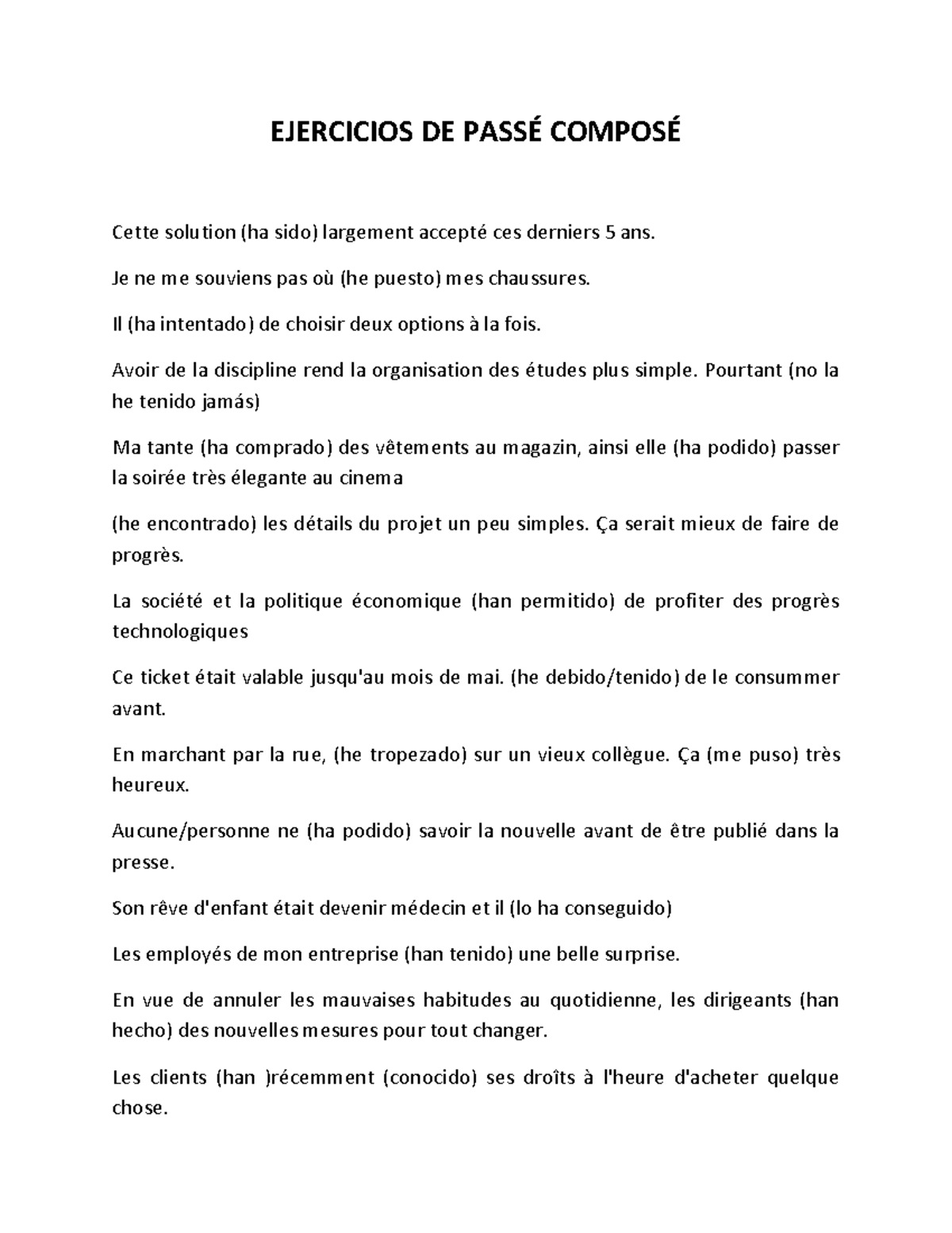 Passé-composé - ejercicios práctica de los principales verbos del pasado compuesto en francés ...