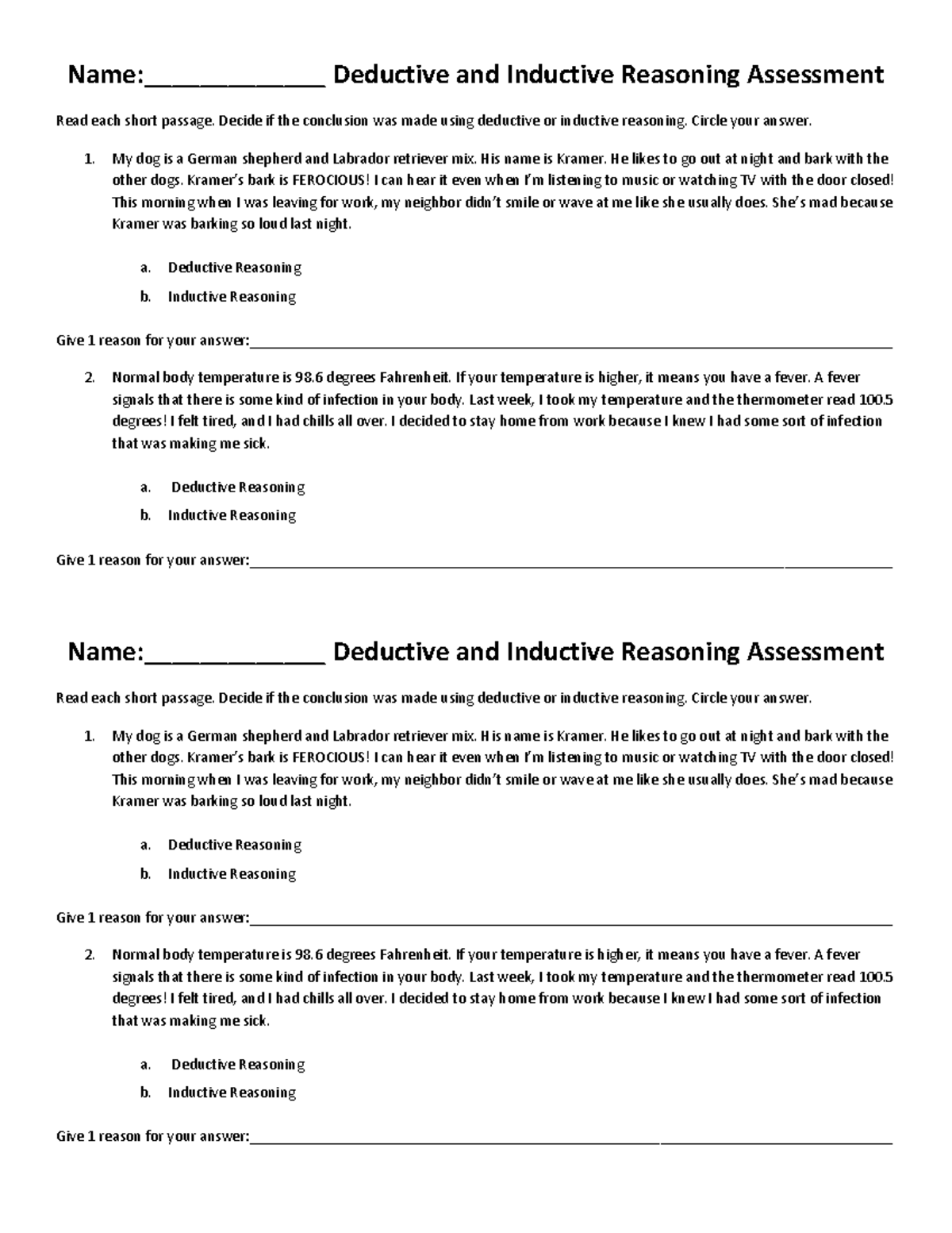 Deductivevs Inductive Reasoning Assessmentand Reflection-1 - Name ...