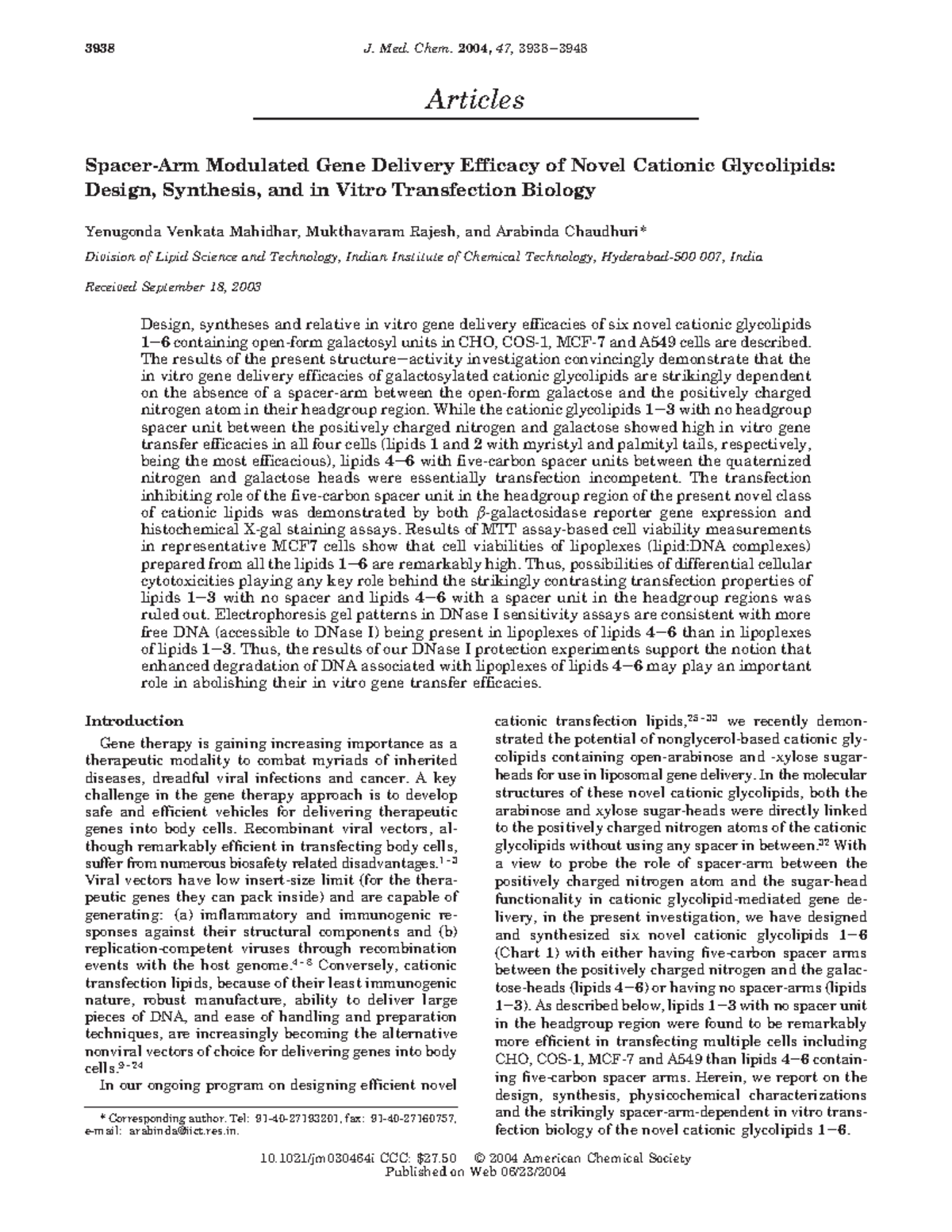 Spacer-Arm Modulated Gene Delivery Efficacy of Novel Cationic ...