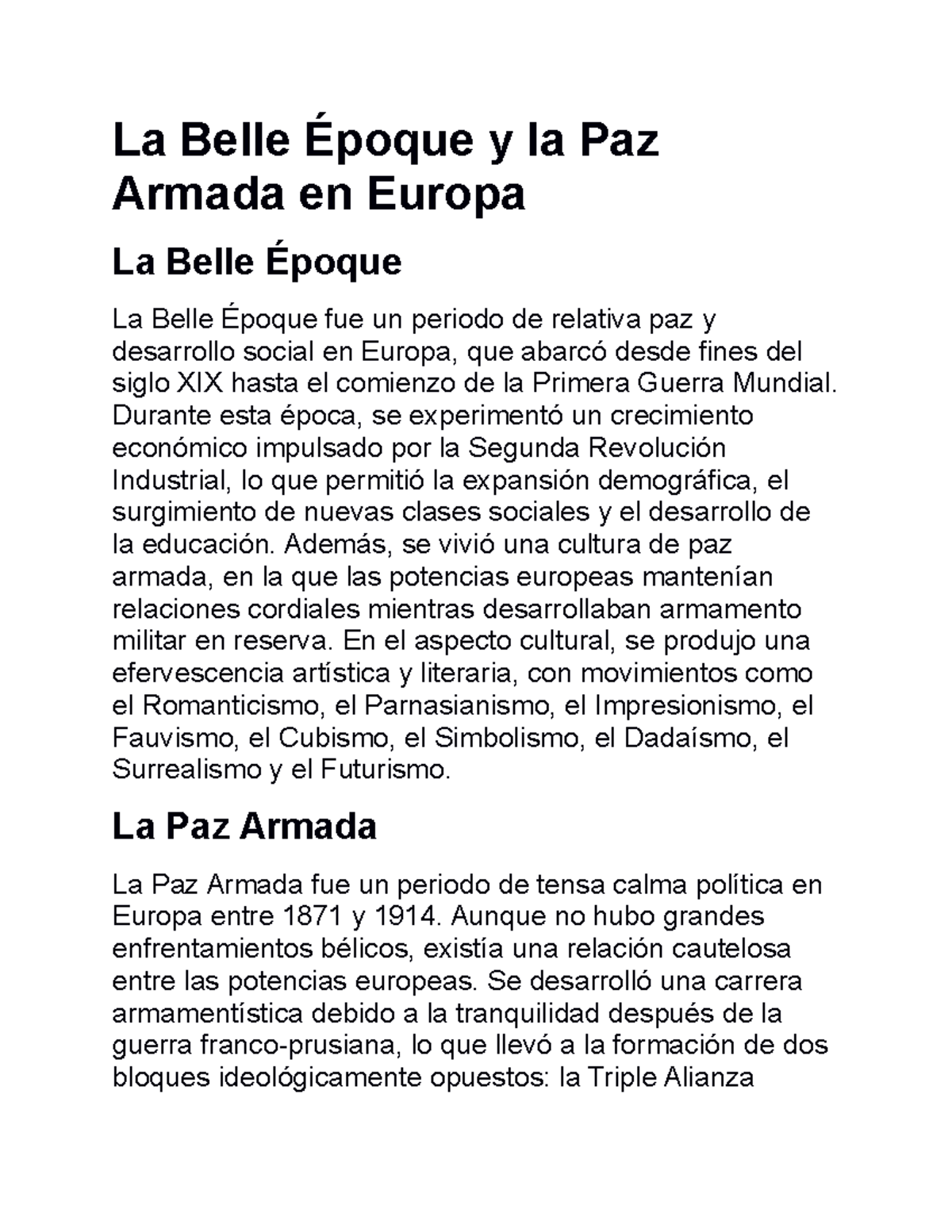 Resumen La Belle Époque y la Paz Armada en Europa - La Belle Époque y la Paz Armada en Europa La ...