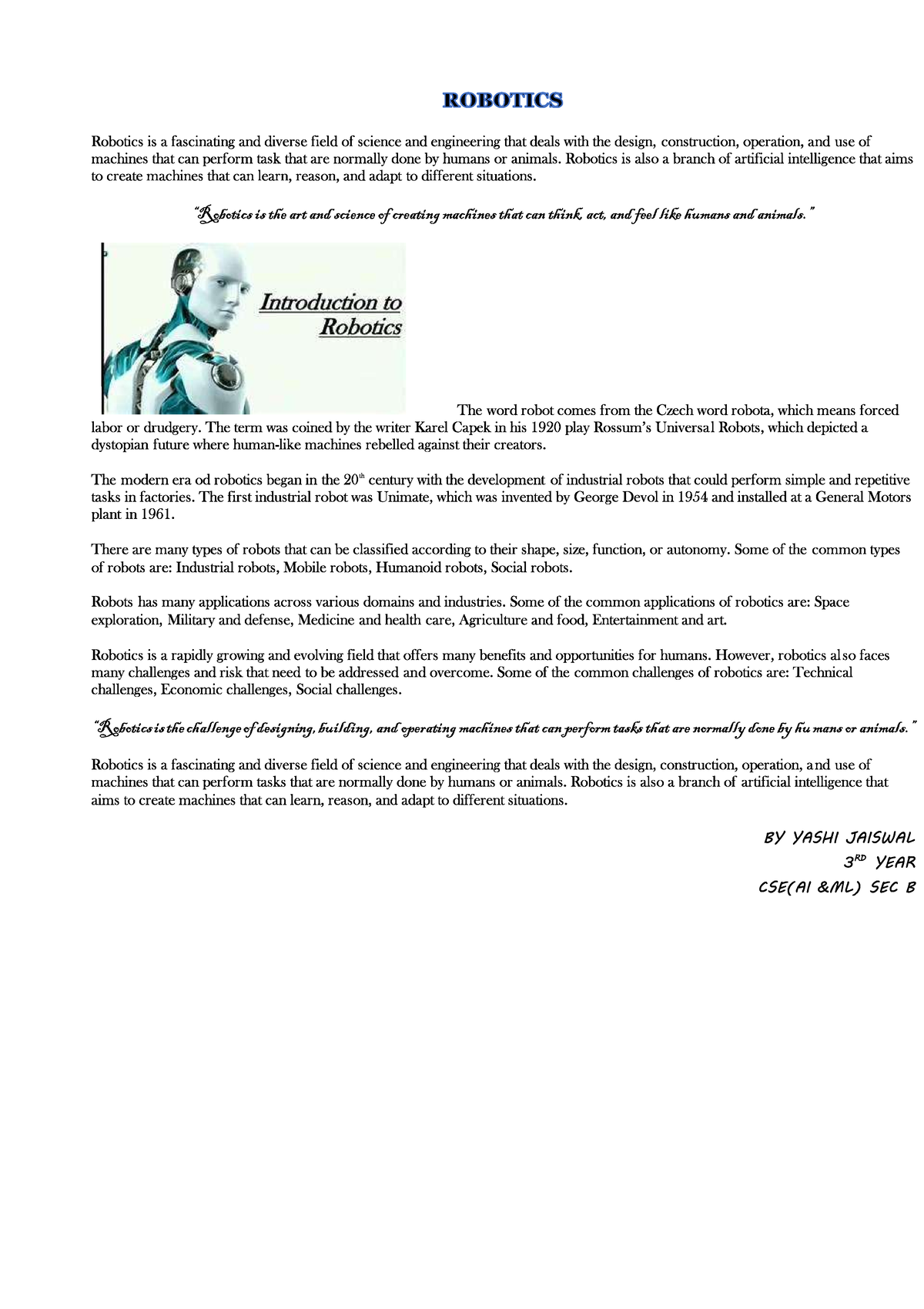 Robotics artical - summary - Automation And Robotics - Studocu