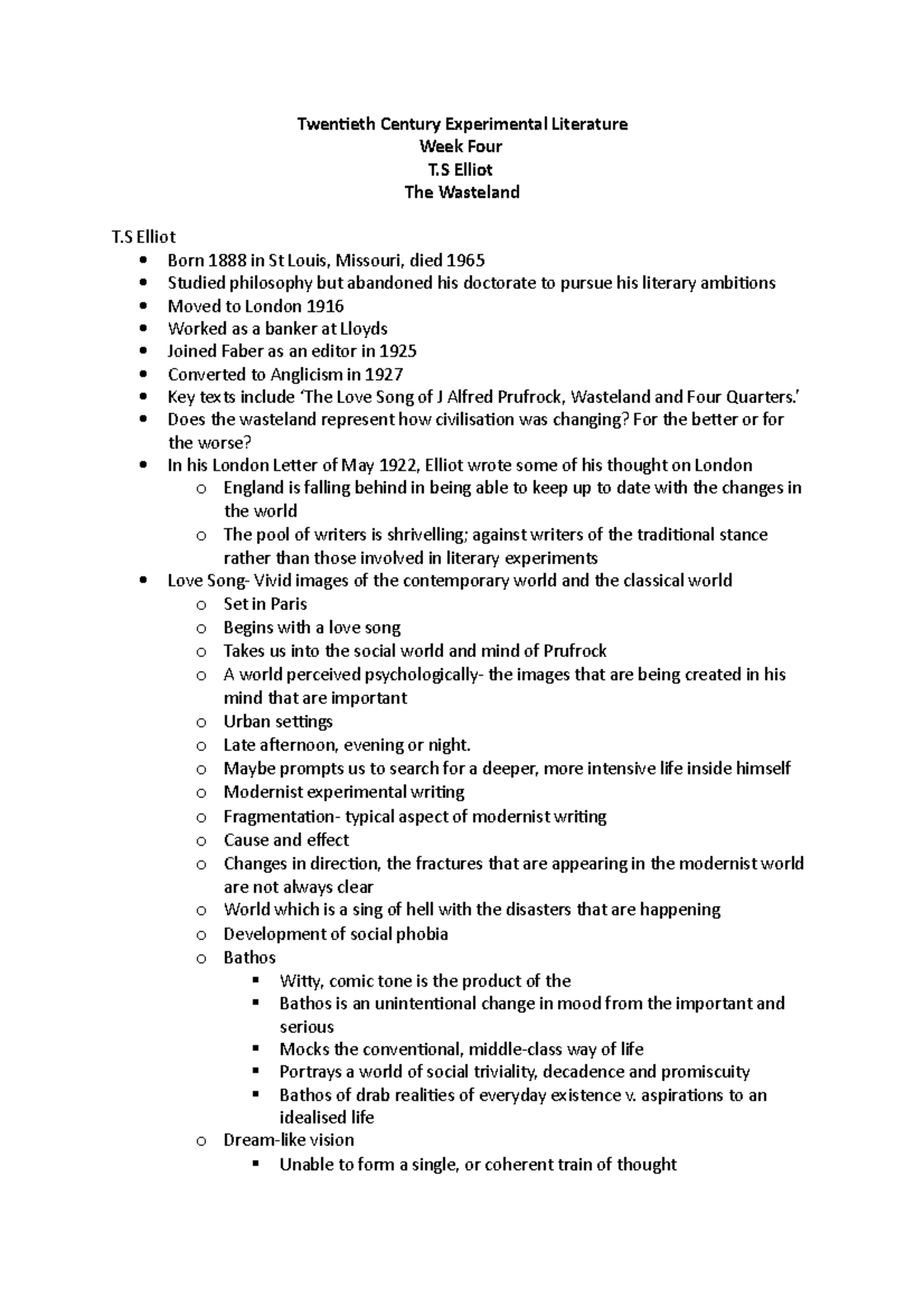 Week four notes - T.S Elliot's The Wasteland - Twentieth Century ...