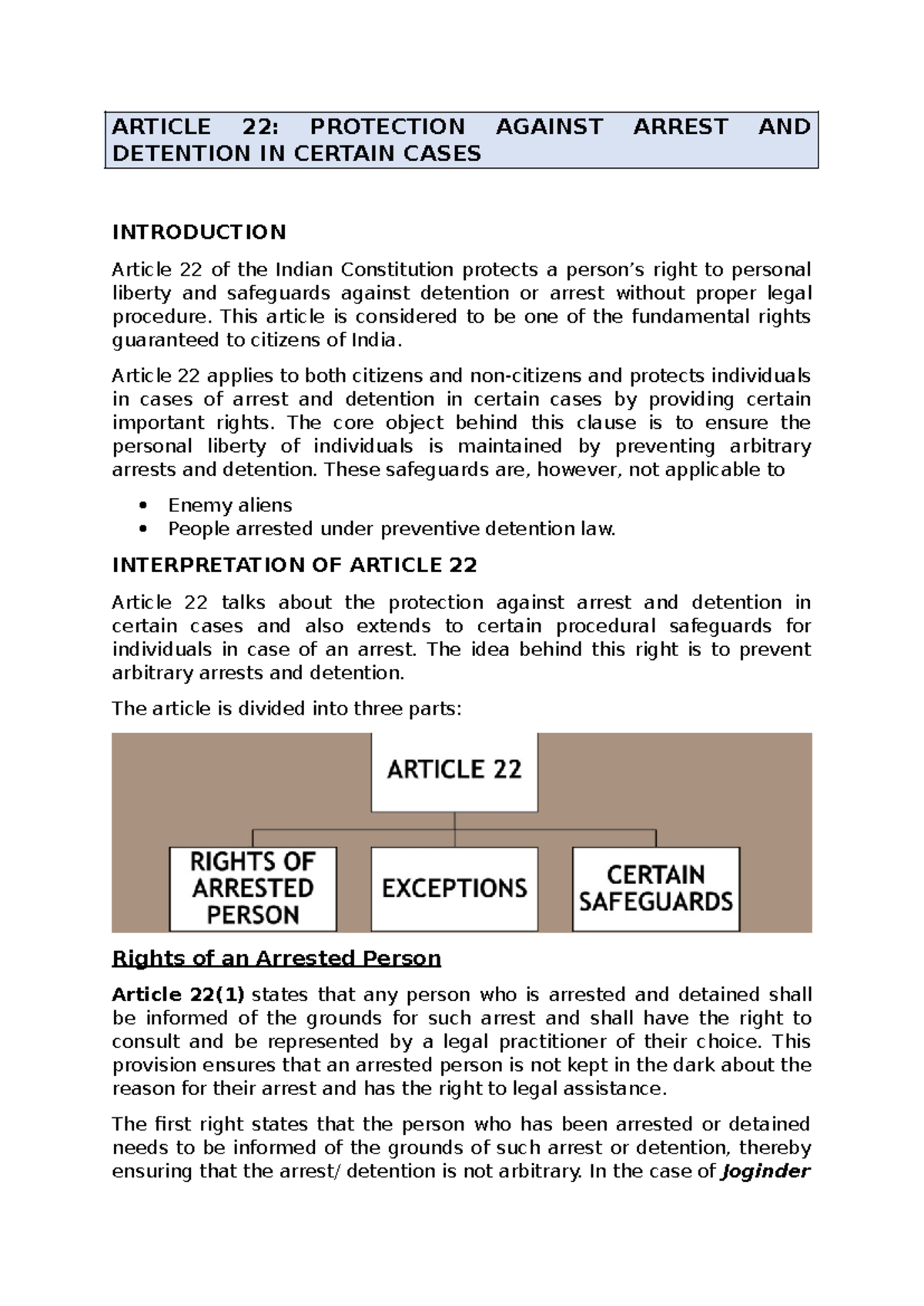 Article 22 - notes - ARTICLE 22: PROTECTION AGAINST ARREST AND ...