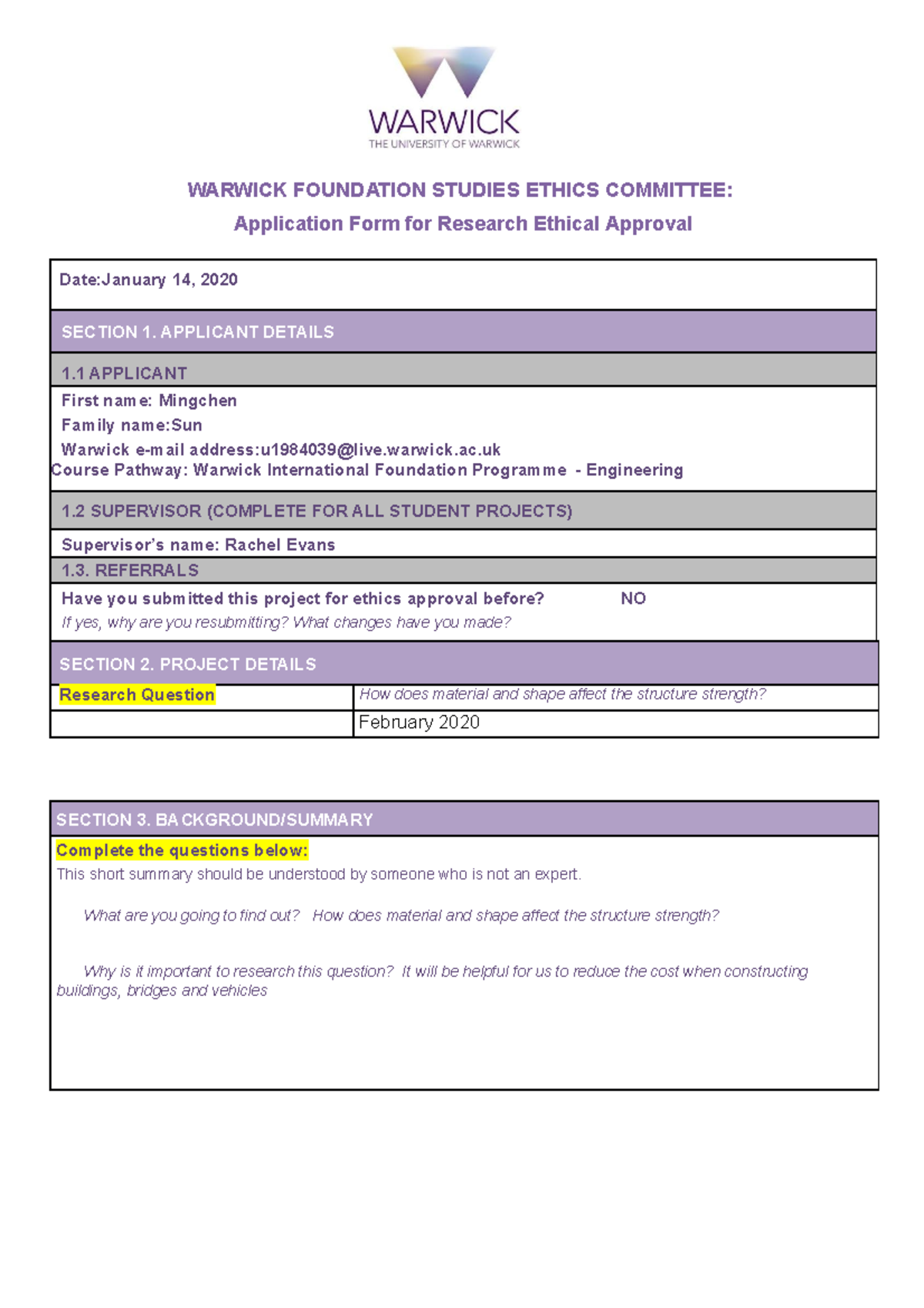 Ethics Application Form 2019 - WARWICK FOUNDATION STUDIES ETHICS ...