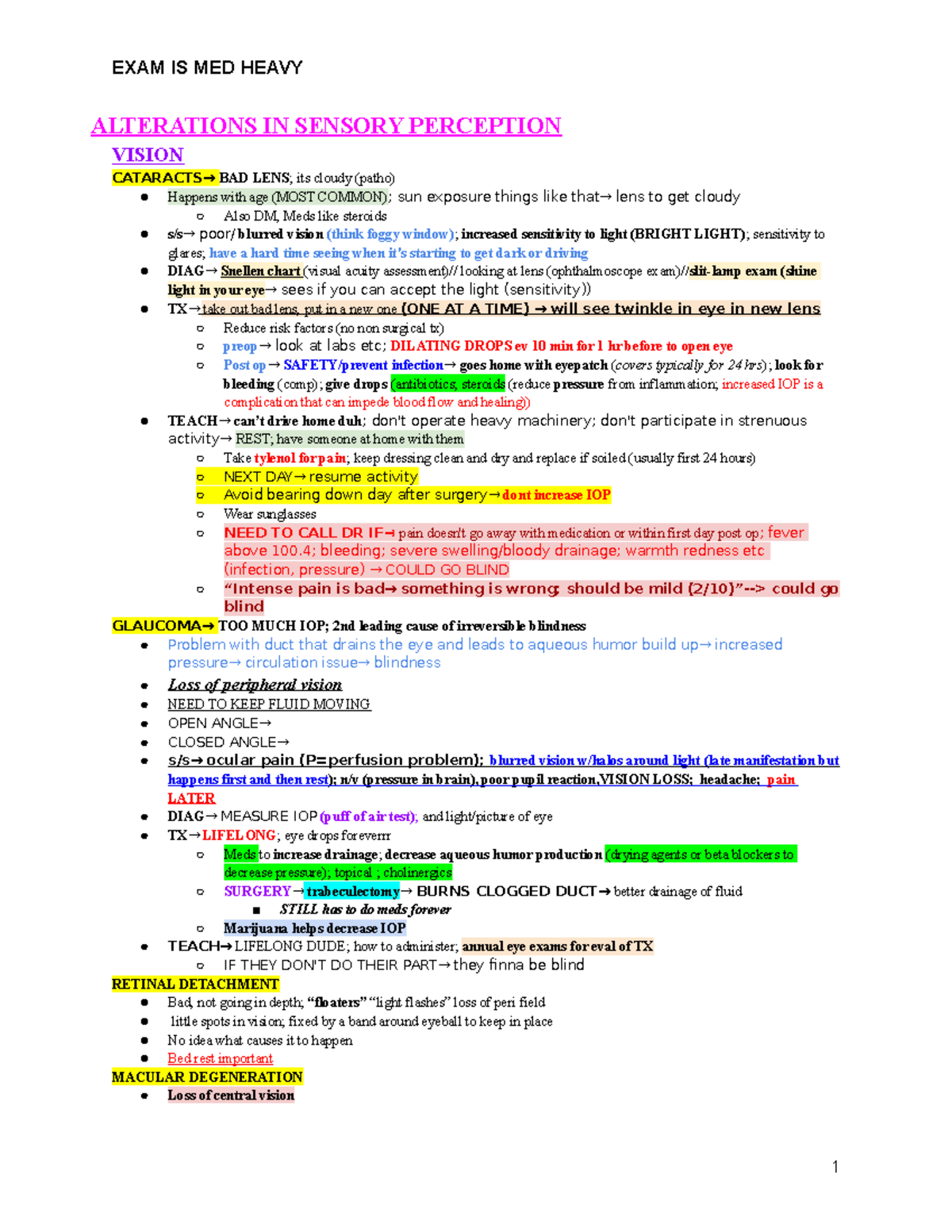 MS 1 exam 3 review - study - ALTERATIONS IN SENSORY PERCEPTION VISION ...