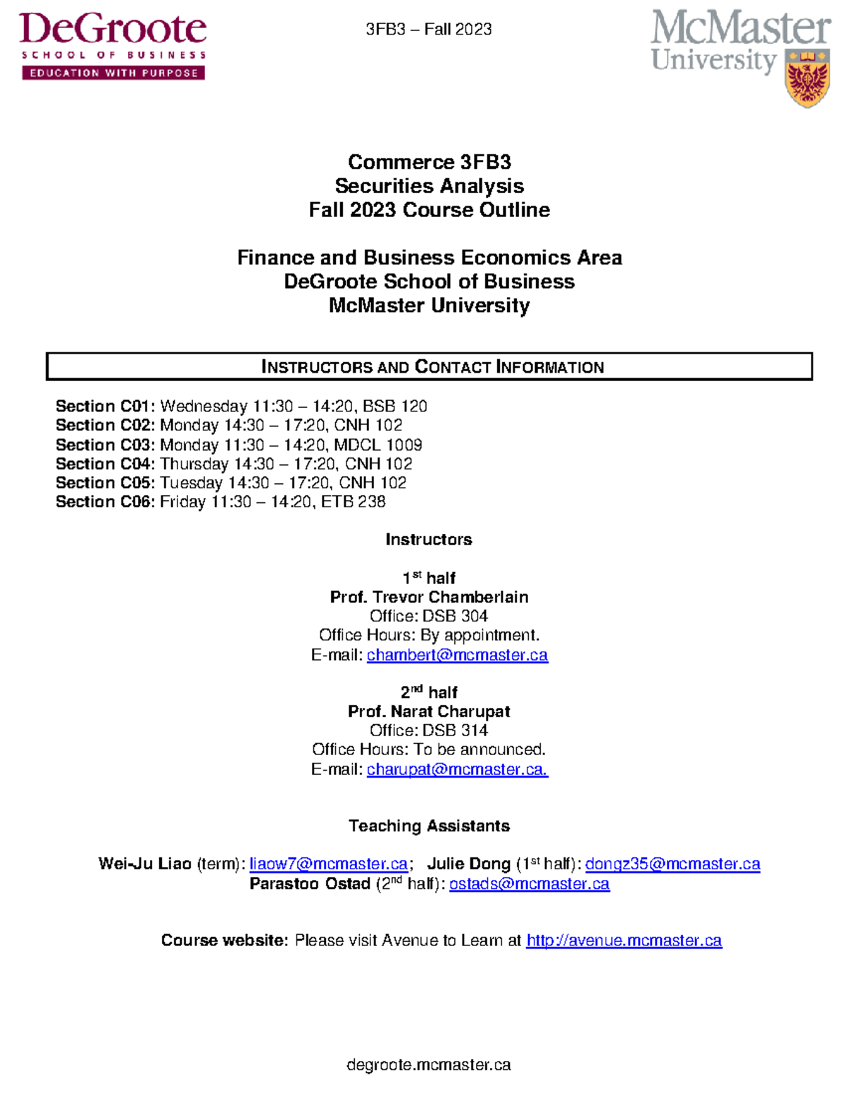 3FB3 Outline - Commerce 3FB 3 Securities Analysis Fall 2023 Course ...