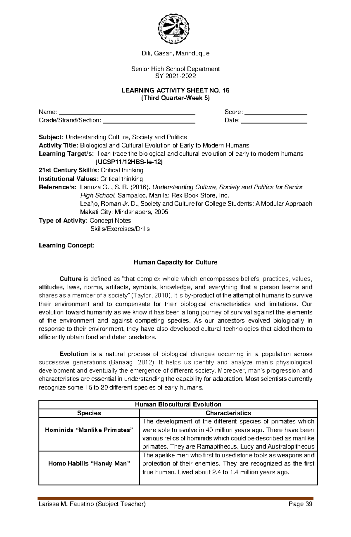 UCSP WEEK 5 - UCSP is one of my subjects - Dili, Gasan, Marinduque ...