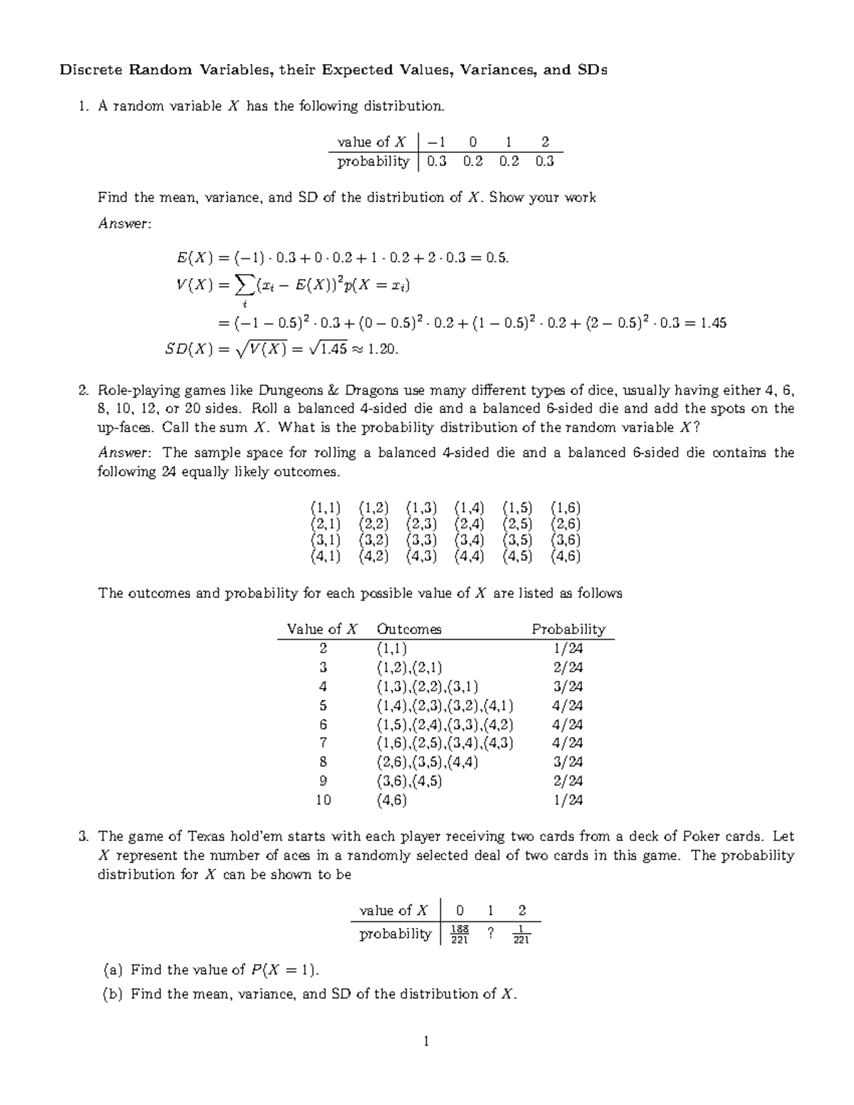 Rand Var Practice SOL - Discrete Random Variables, their Expected Values, Variances, and SDs A ...