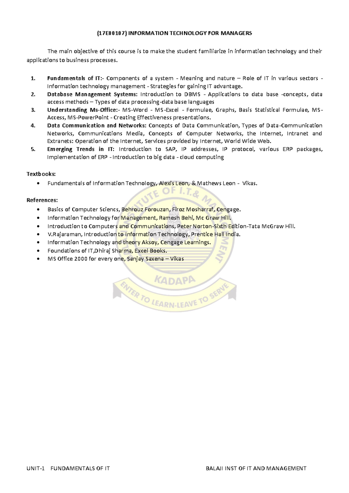 ITM-2.5 UNIT-I-SEM - Okay - UNIT- 1 FUNDAMENTALS OF IT BALAJI INST OF IT AND MANAGEMENT ...