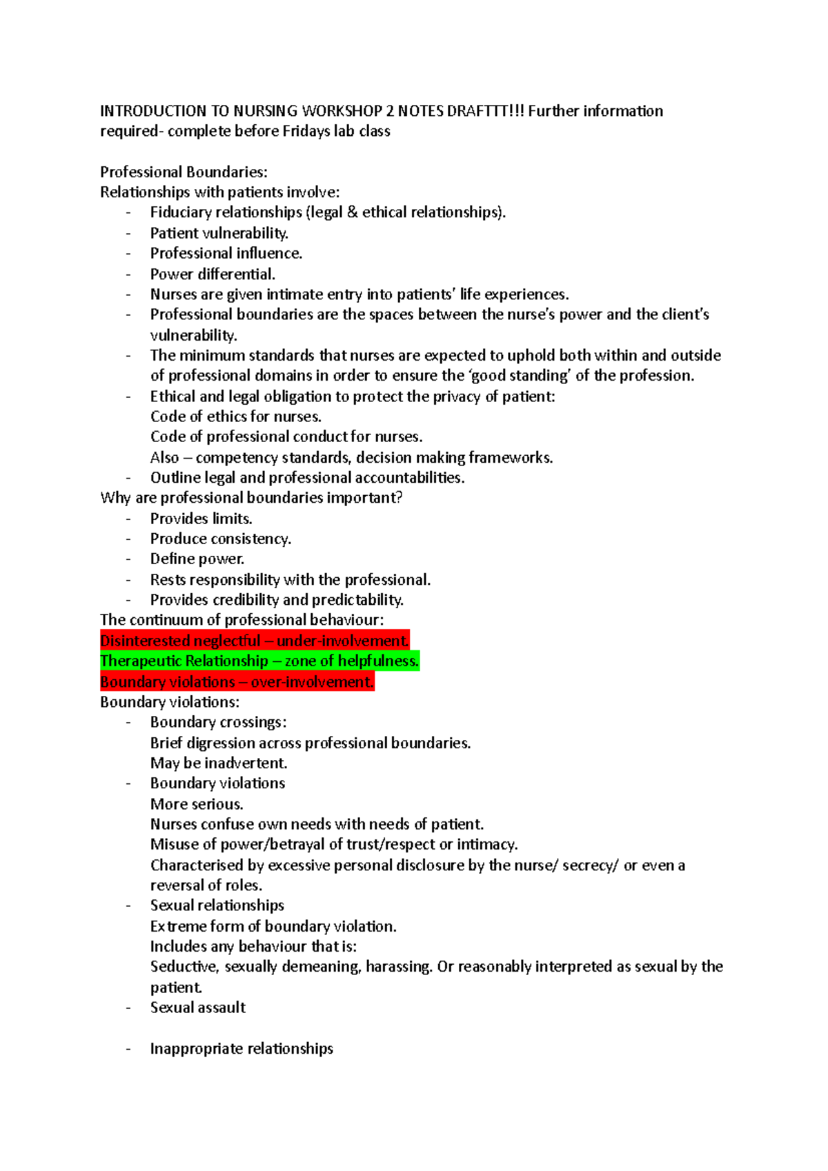 Draft of ITN notes week 2 ws - INTRODUCTION TO NURSING WORKSHOP 2 NOTES ...