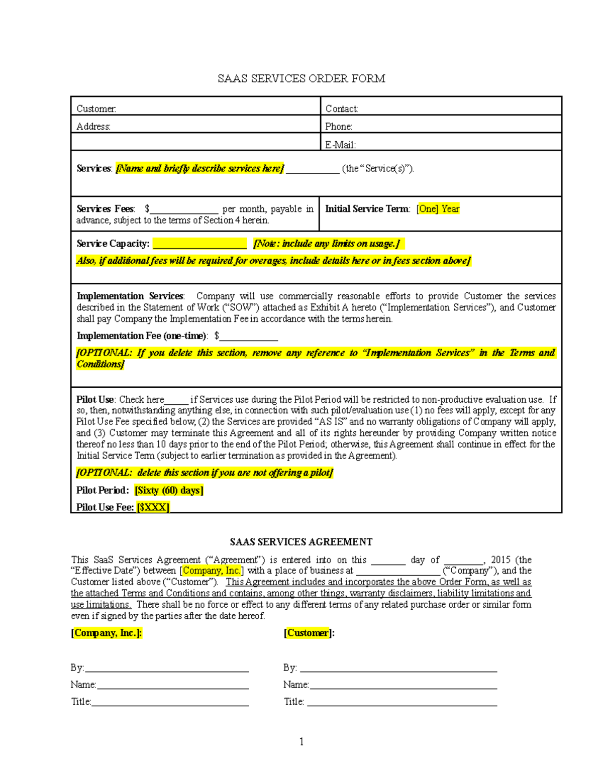YC Form Saa S Agreement - SAAS SERVICES ORDER FORM Customer: Contact ...