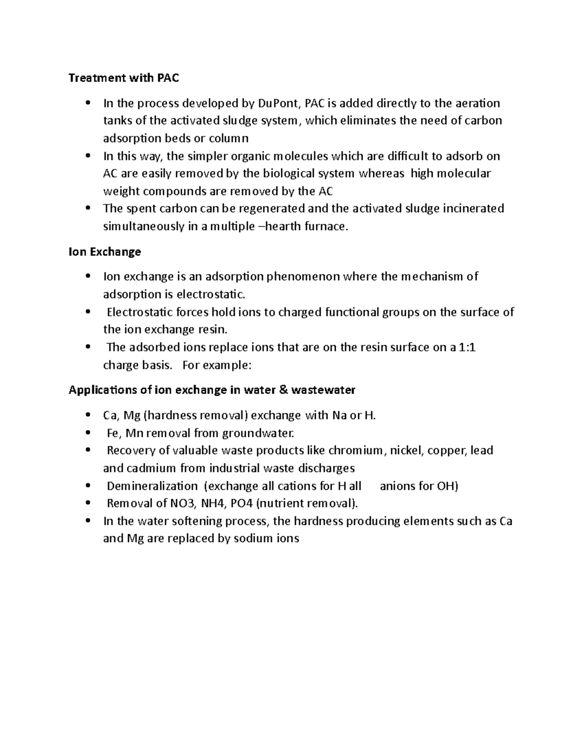 Ion exchange method - Lecture notes - Treatment with PAC In the process ...