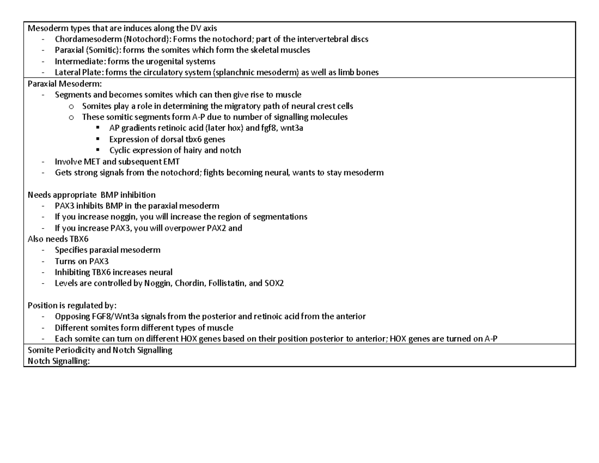 Mesoderm Review Sheet - Summary Developmental Biology - Mesoderm types ...